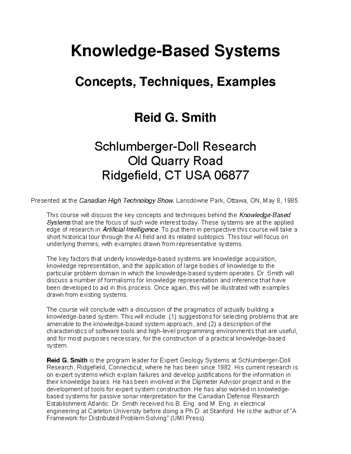 Knowledge-Based Systems - Concepts Techniques Examples 08-May-1985 ...