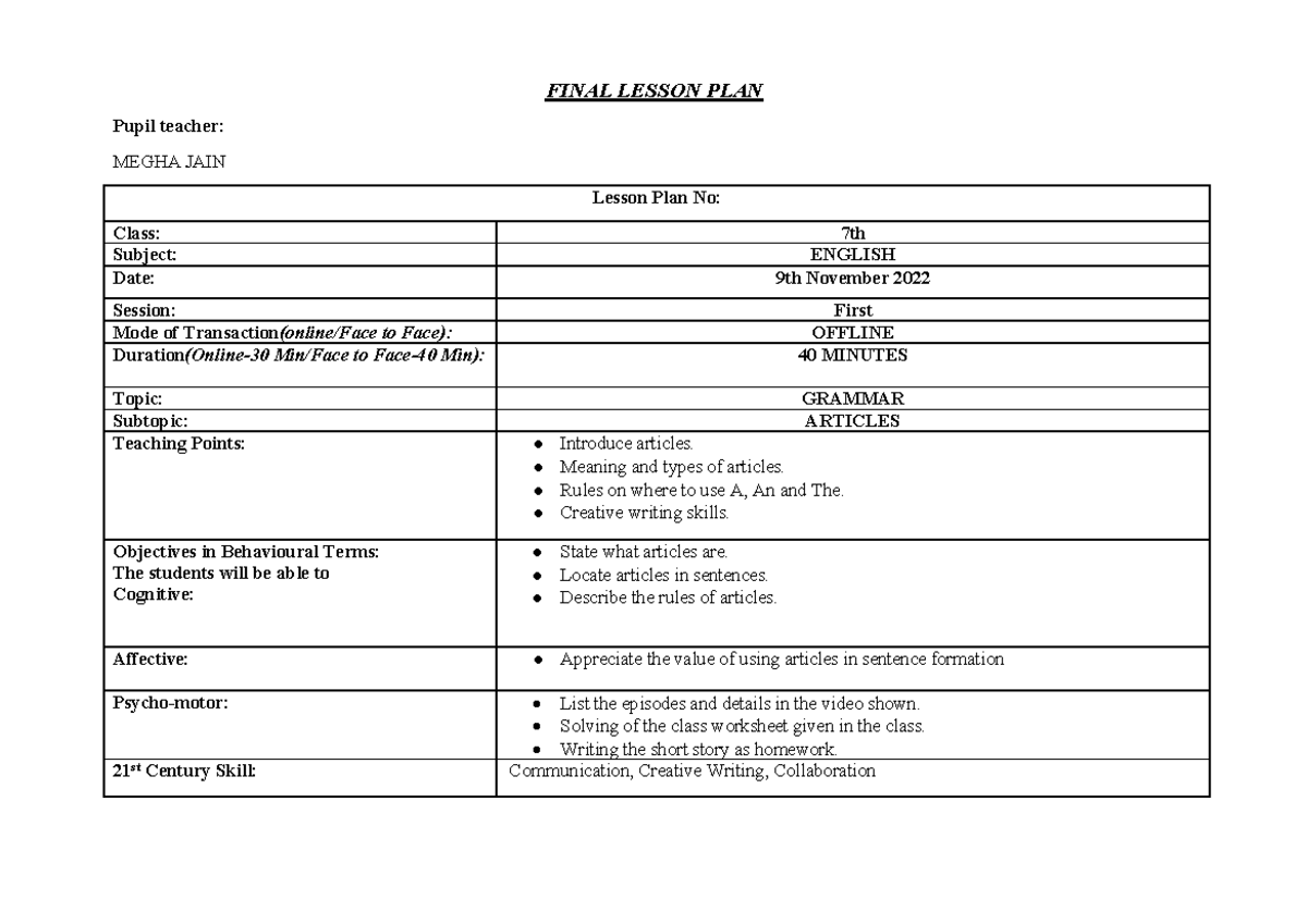 Articles Final Lesson plan - FINAL LESSON PLAN Pupil teacher: MEGHA ...