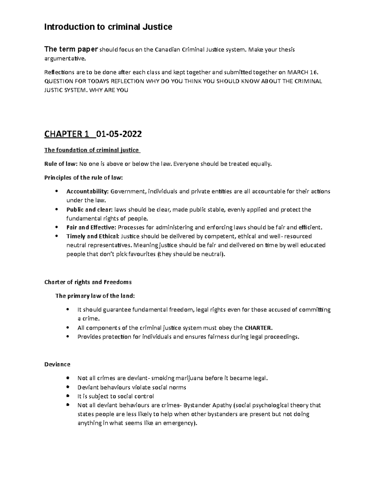 Intro to criminal justice - The term paper should focus on the Canadian ...