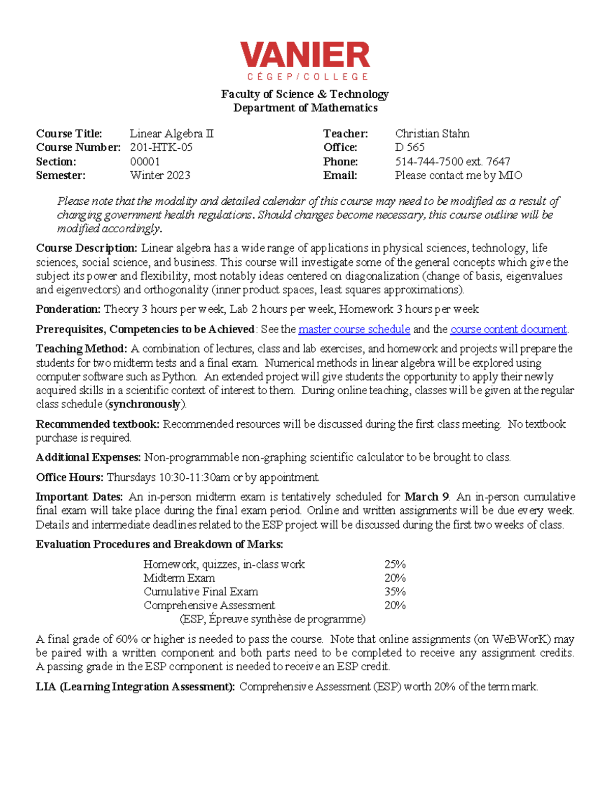 Linear Algebra II Syllabus - Faculty of Science & Technology Department ...