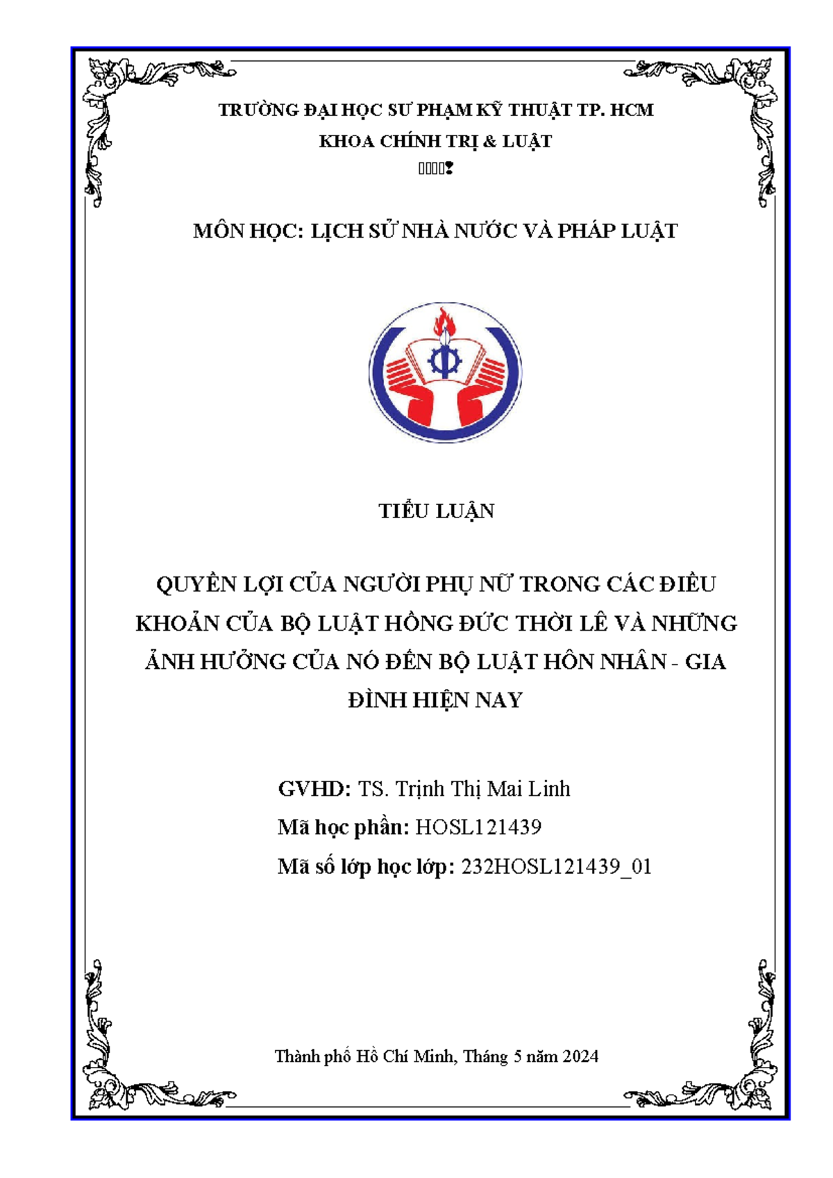 TIEU LUAN LICH SU NHA NUOC VA PHAP LUAT NHOM DIEM Quynh - TRƯỜNG ĐẠI HỌC SƯ PHẠM KỸ THUẬT TP ...