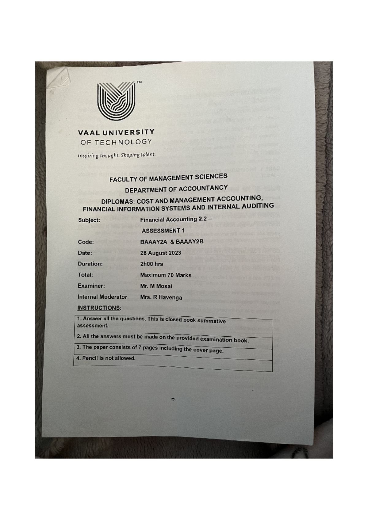 FA test 1 - question paper - TM VAAL UNIVERSITY OF TECHNOLOGY Inspiring ...