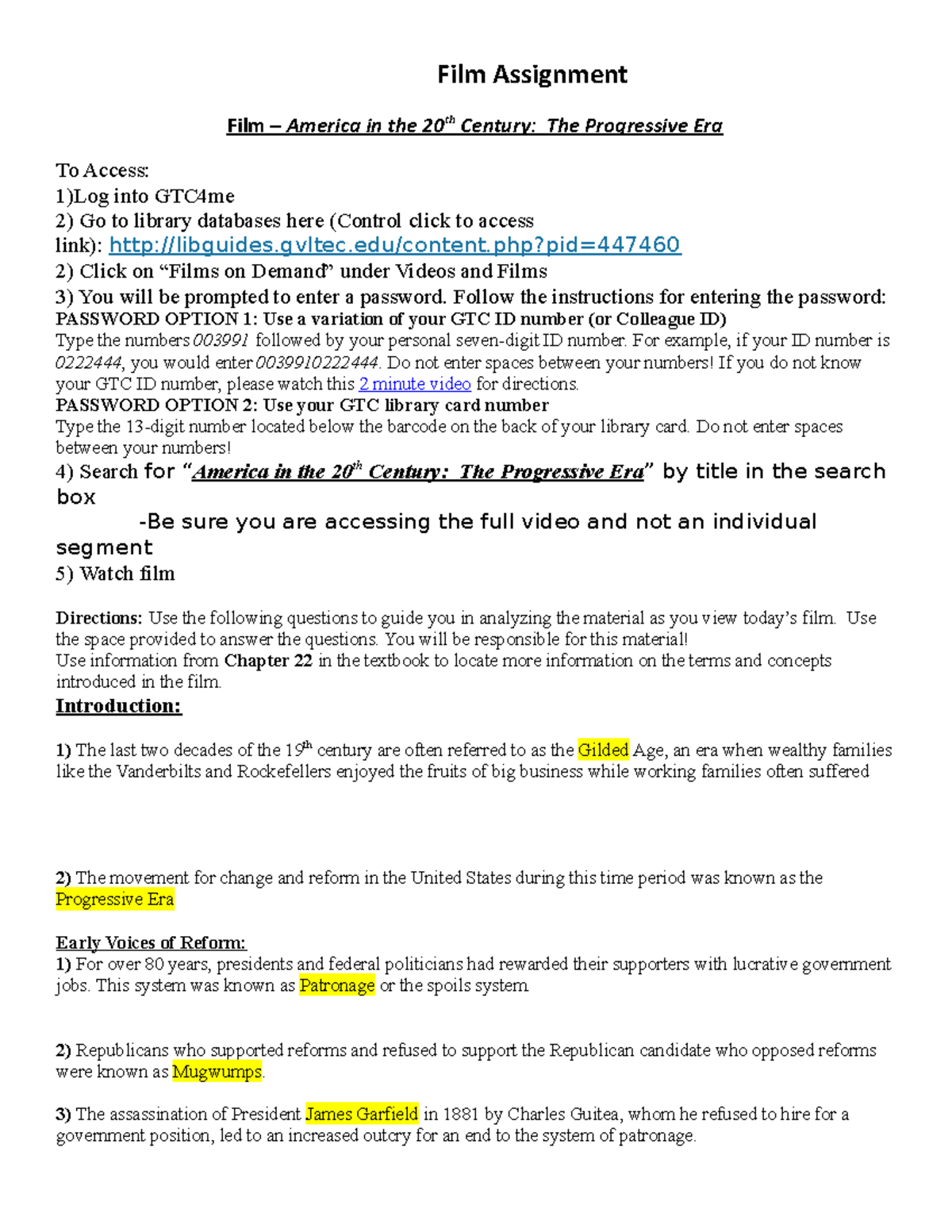 HIS 202 - Film Assignment - Film Questions - The Progressive Era SP21 ...