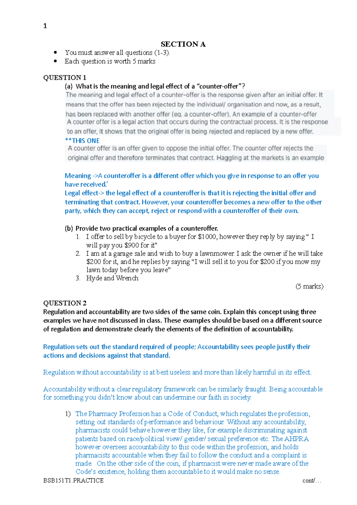 BUS151 2023 Sem2 Practice EXAM - SECTION A You must answer all ...