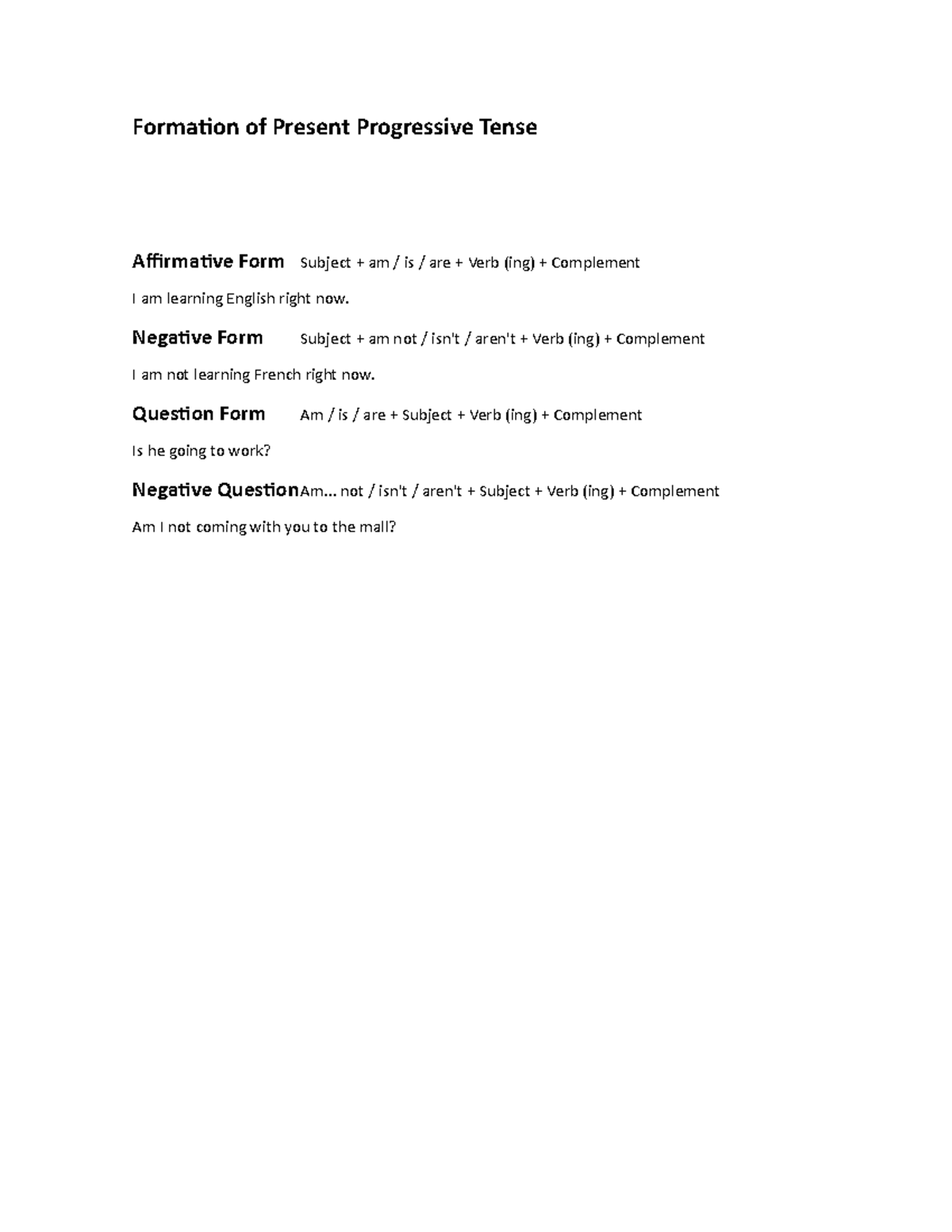 Present progressive grammar - Formation of Present Progressive Tense ...