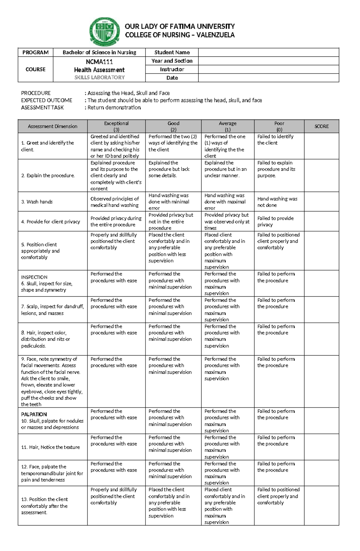 HAS Rubrics (Assessing the Head, Skull and Face) - OUR LADY OF FATIMA ...