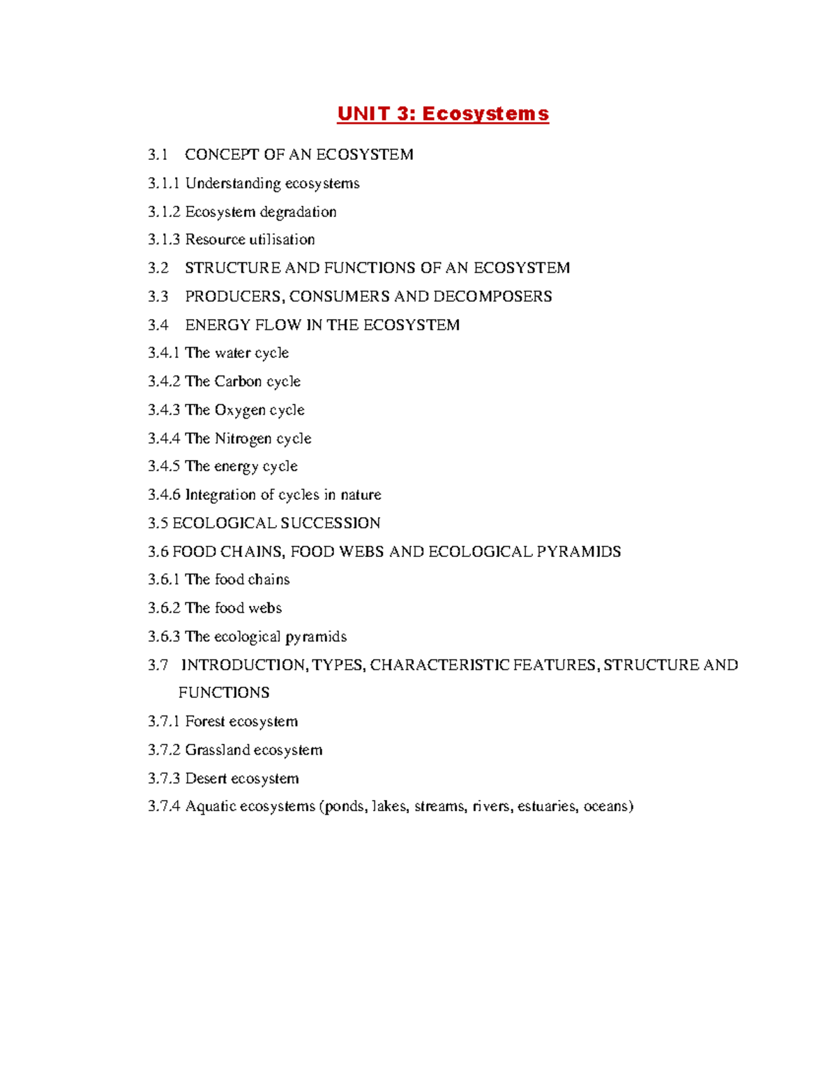 Types of eco systems - Notes - UNIT 3: Ecosystems 3 CONCEPT OF AN ...