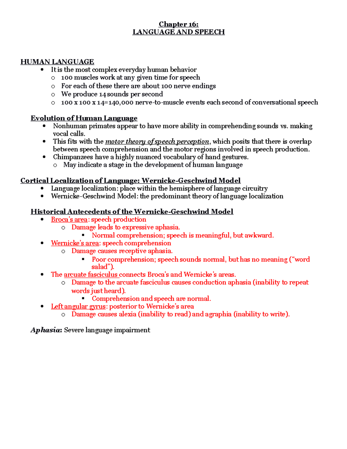 Chapter 16 Language - Summary Bio Psychology - Chapter 16: LANGUAGE AND ...