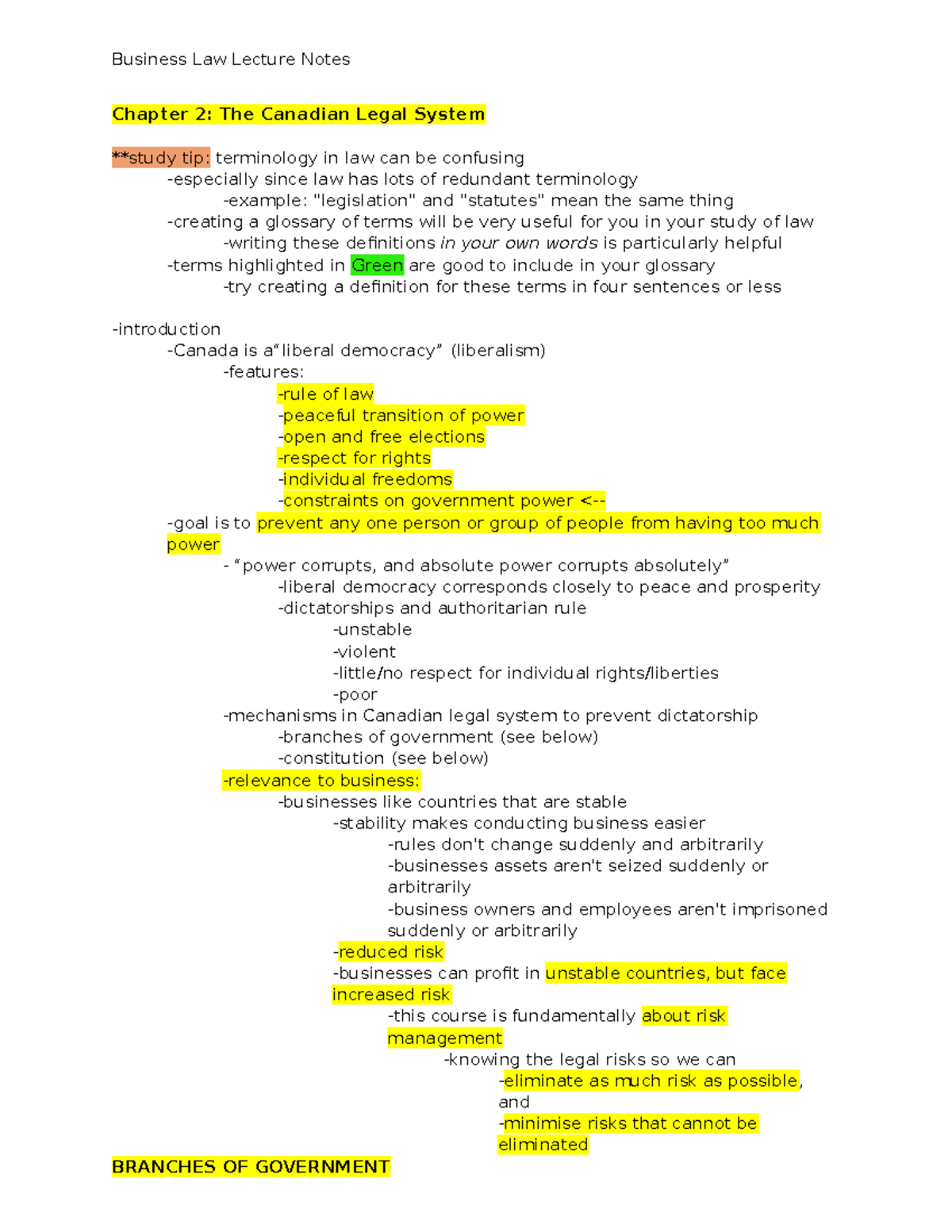 Notes - Business Law Lecture Notes Chapter 2: The Canadian Legal System ...