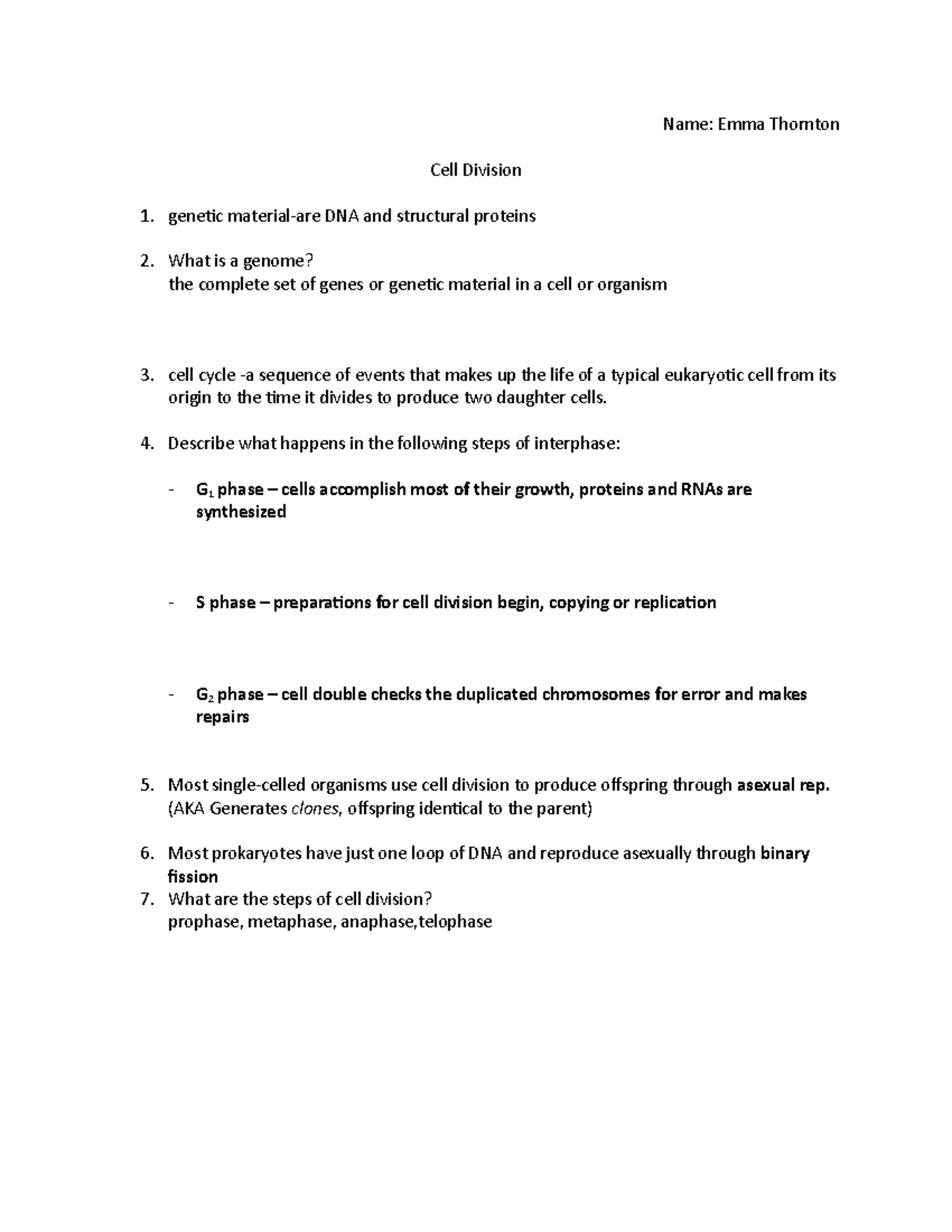 Cell Division - Bio notes - Name: Emma Thornton Cell Division genetic ...