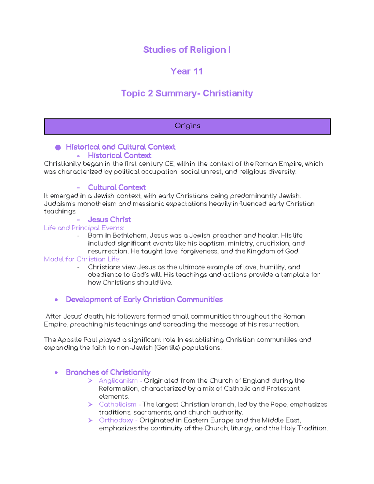 Studies-of-religion- christianity -summary - Studies of Religion I Year ...