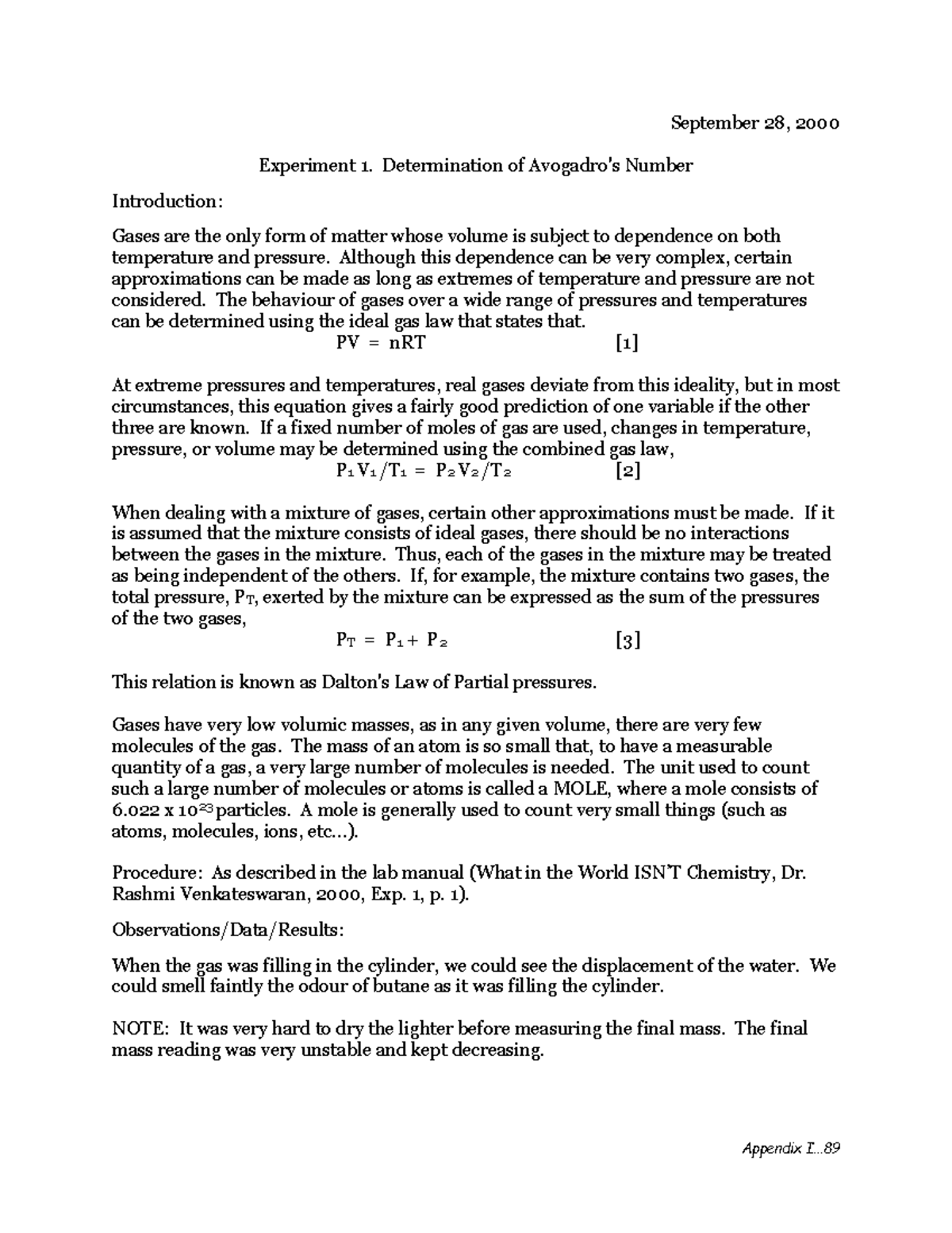 Sample lab - Appendix I... 89 September 28 , 2000 Experiment 1 ...