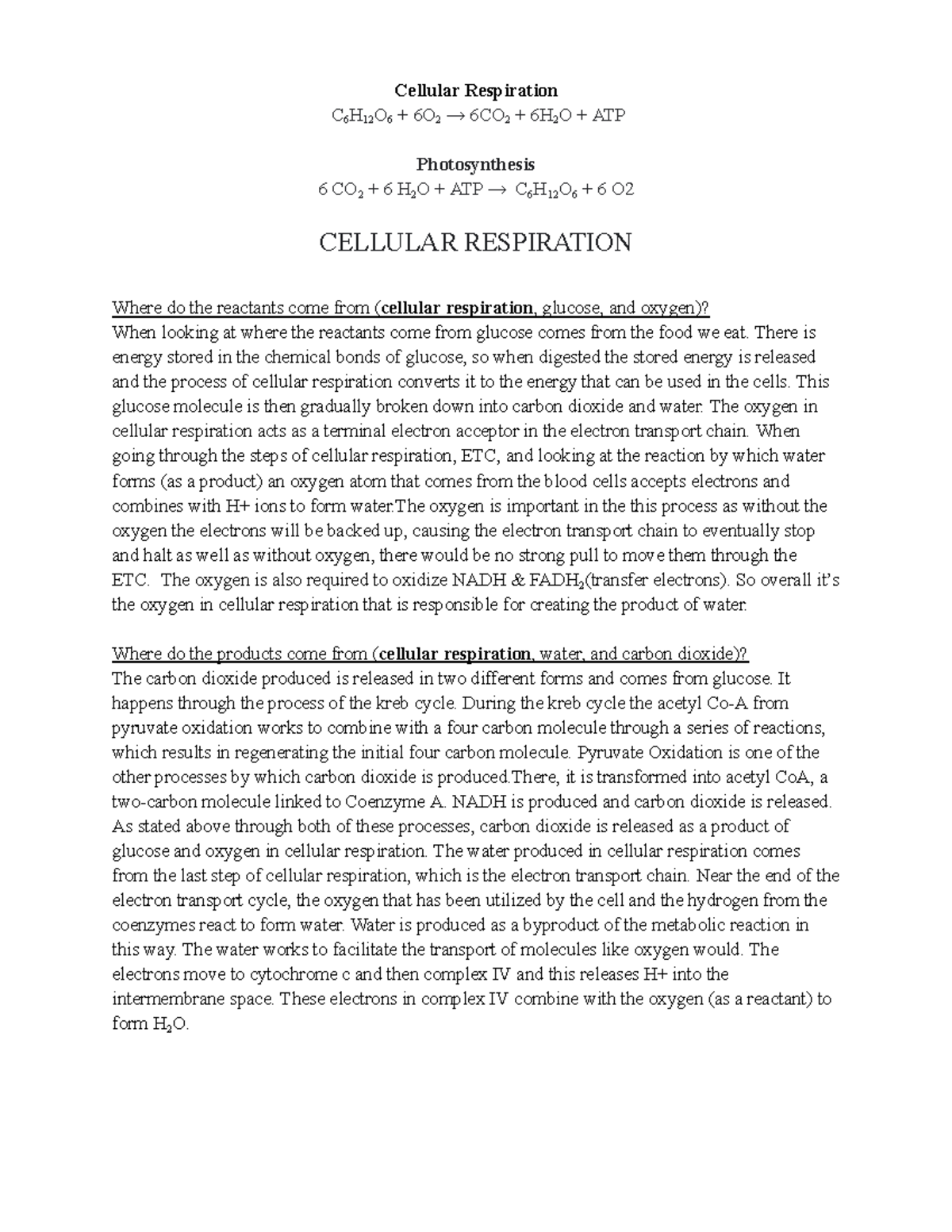 Photosynthesis assignment - Cellular Respiration C 6 H 12 O 6 + 6O 2 → ...