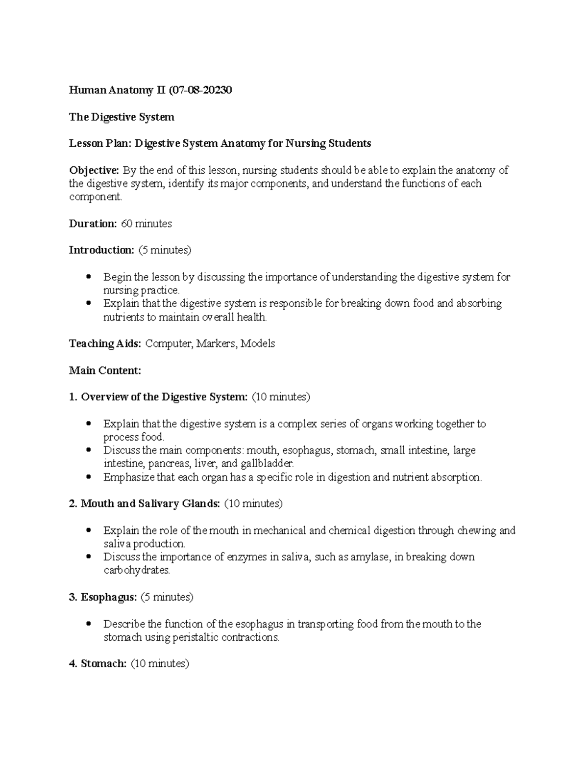 Lesson Plan in anatomy - Human Anatomy II (07-08- The Digestive System ...