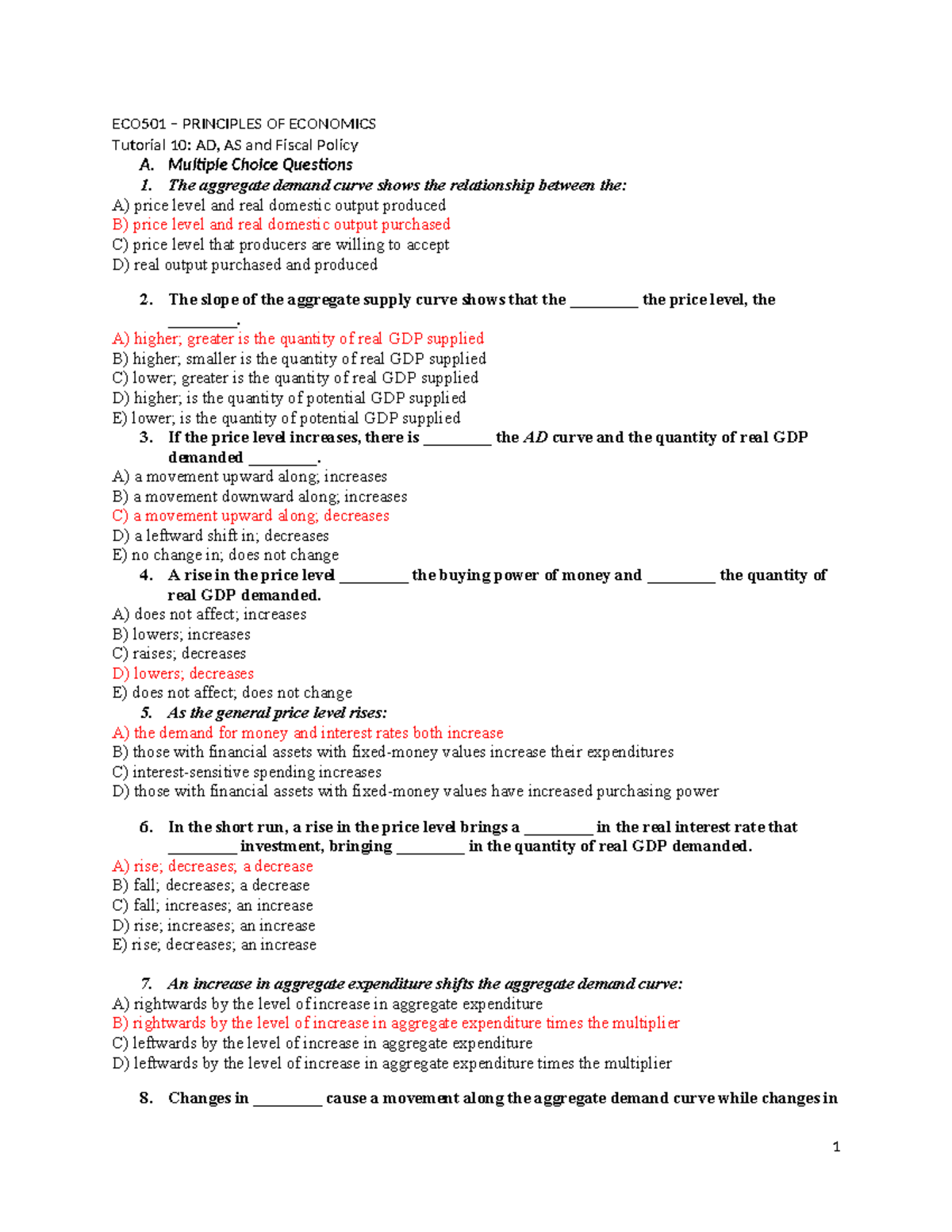 Tutorial 10 Solution - ECO501 – PRINCIPLES OF ECONOMICS Tutorial 10: AD ...