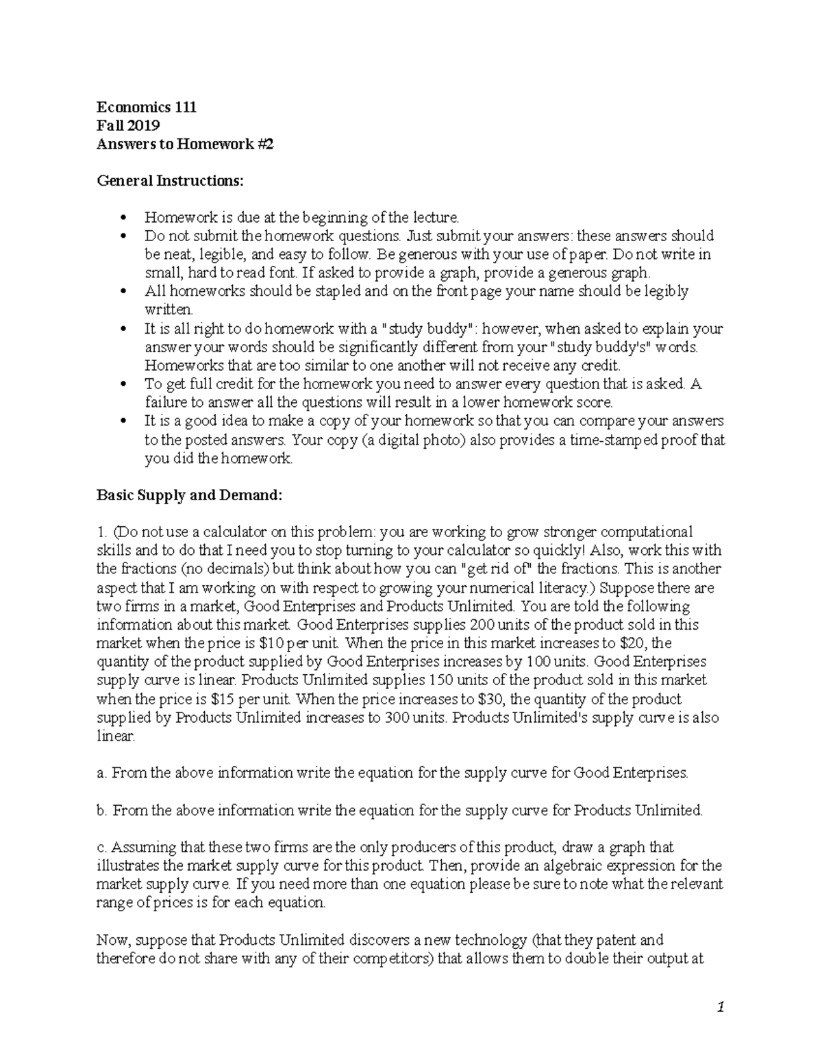 Answerstohomework 2fall2019 - Economics 111 Fall 2019 Answers to ...