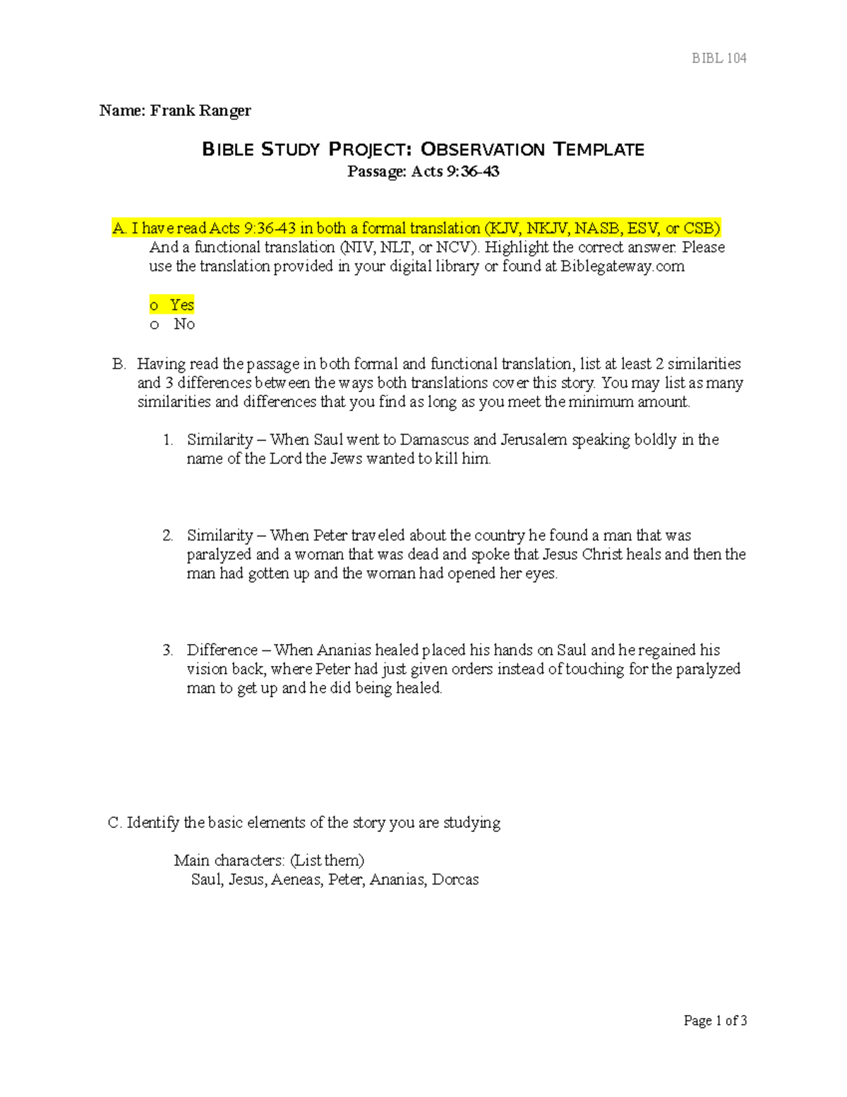 Bible Study Project Acts 9 36 43 - BIBL 104 - LU - Studocu