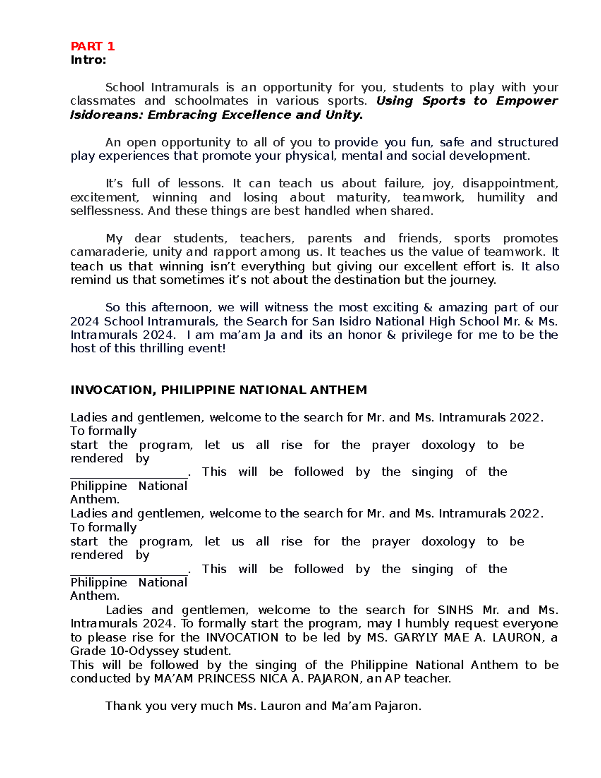 Emcee Script - PART 1 Intro: School Intramurals is an opportunity for ...