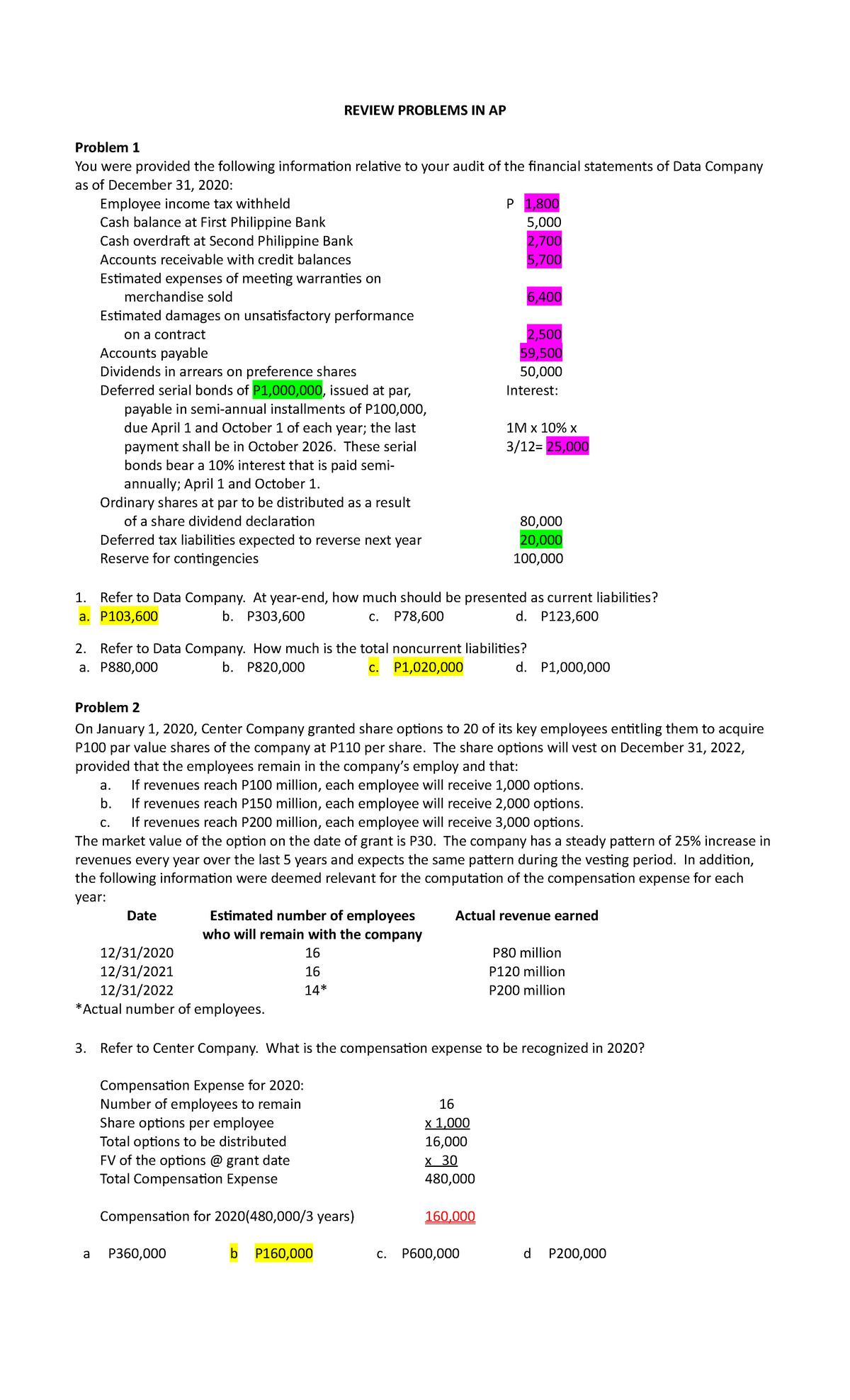 Review problems in AP - REVIEW PROBLEMS IN AP Problem 1 You were ...