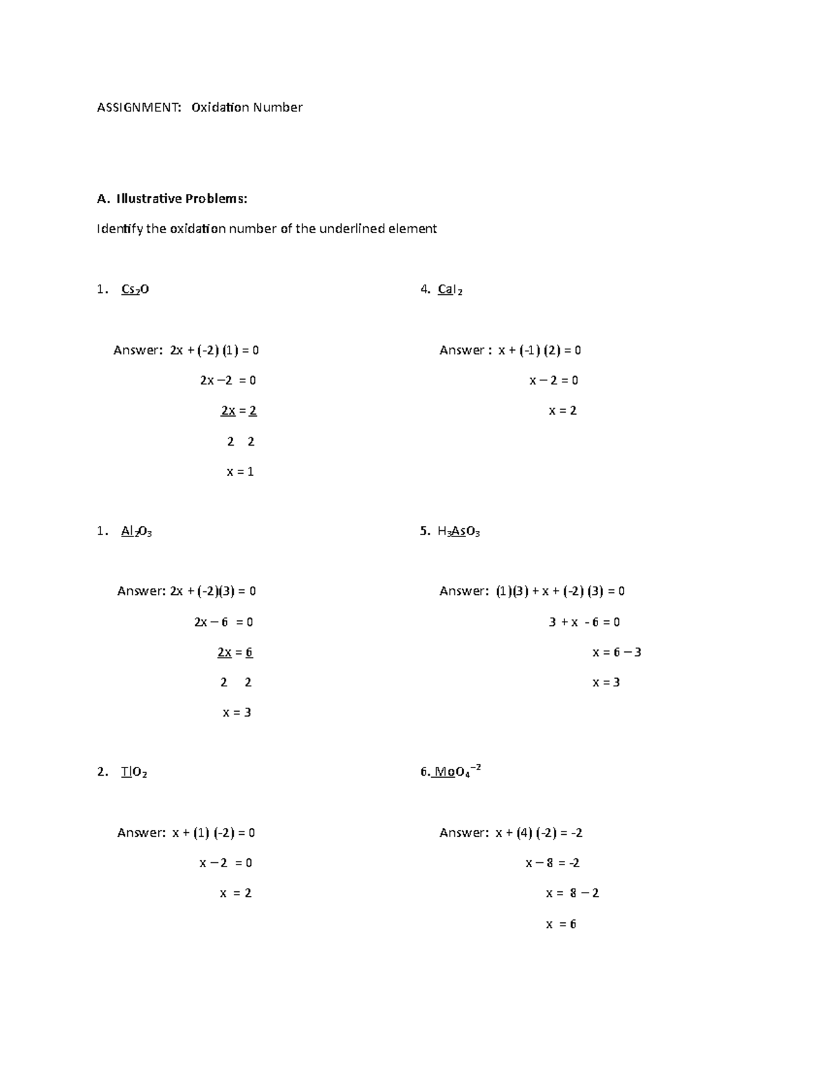 Assignment #1 - ASSIGNMENT: Oxidation Number A. Illustrative Problems ...