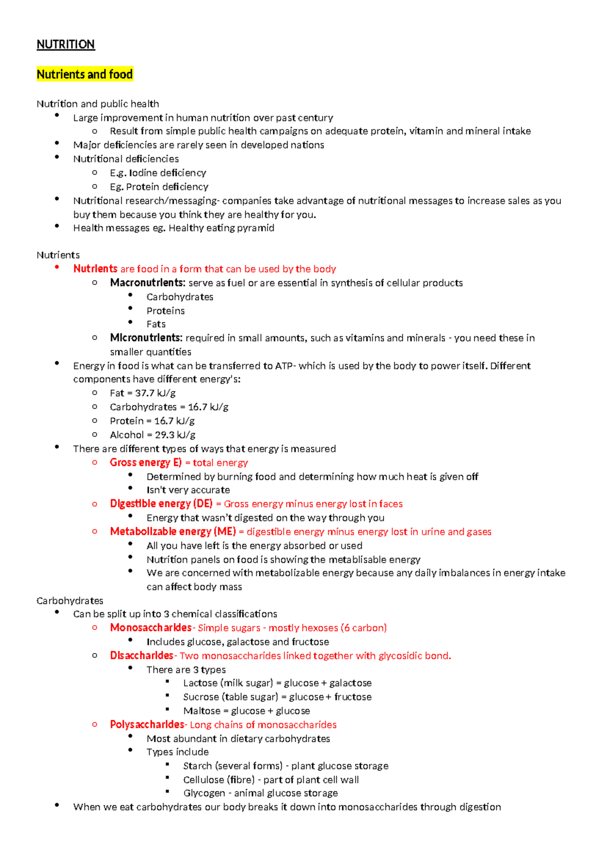 Nutrition notes - NUTRITION Nutrients and food Nutrition and public ...