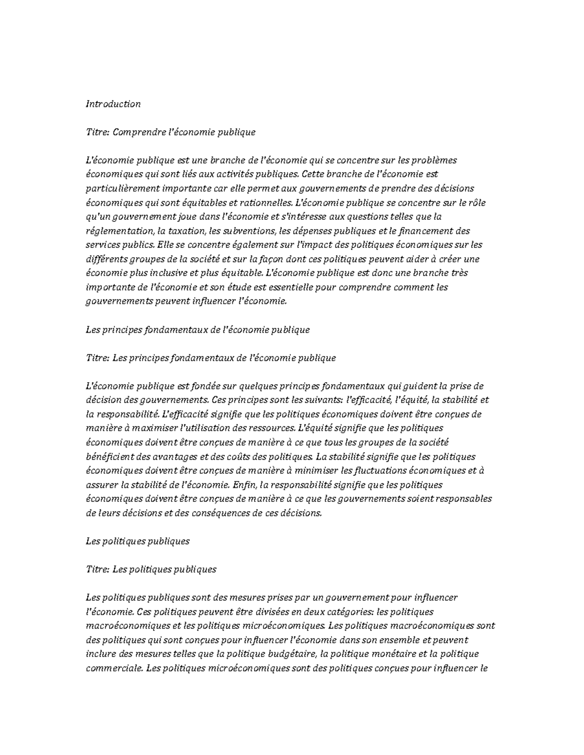 Économie publique Notes de cours - Introduction Titre: Comprendre l ...