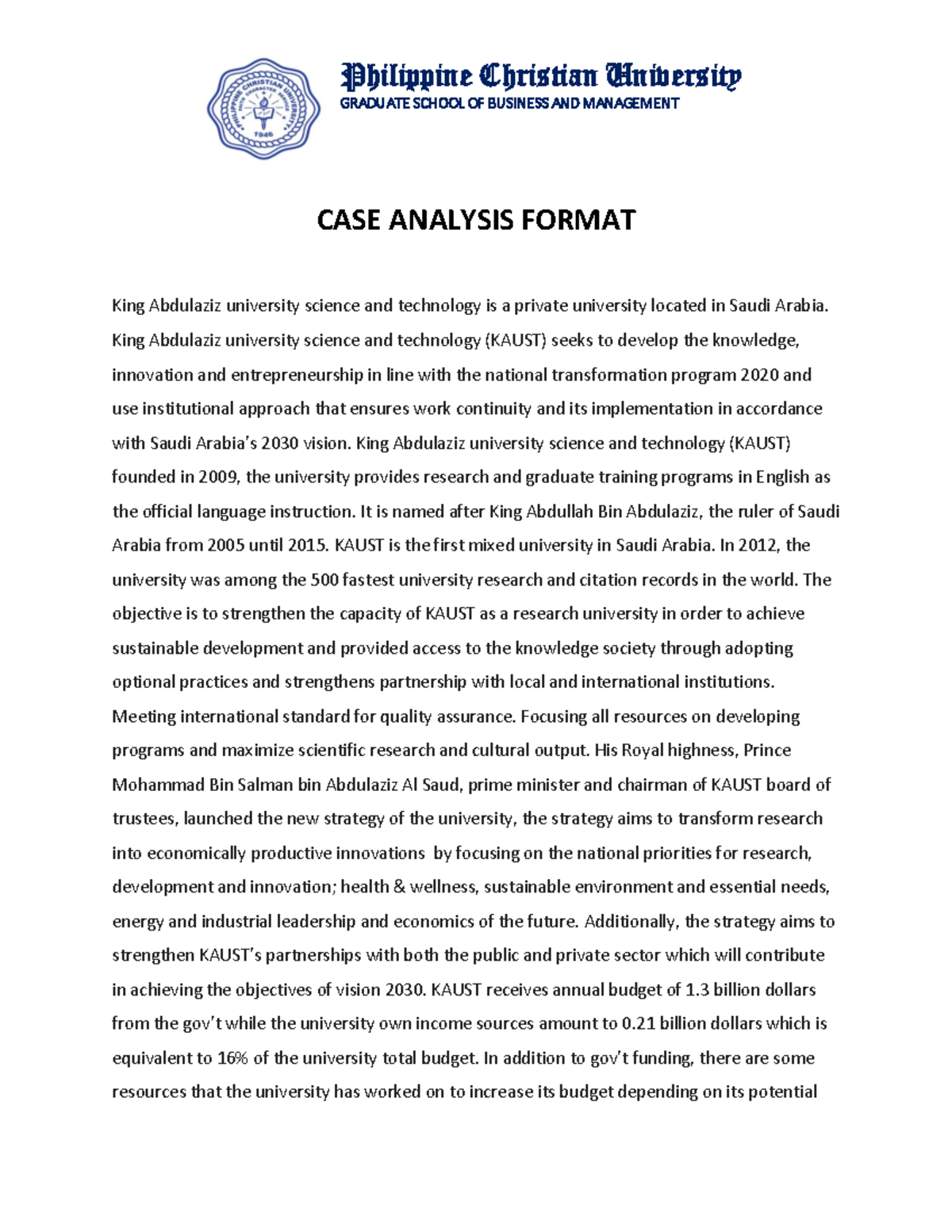 Caseanalysis - GRADUATE SCHOOL OF BUSINESS AND MANAGEMENT CASE ANALYSIS FORMAT King Abdulaziz ...