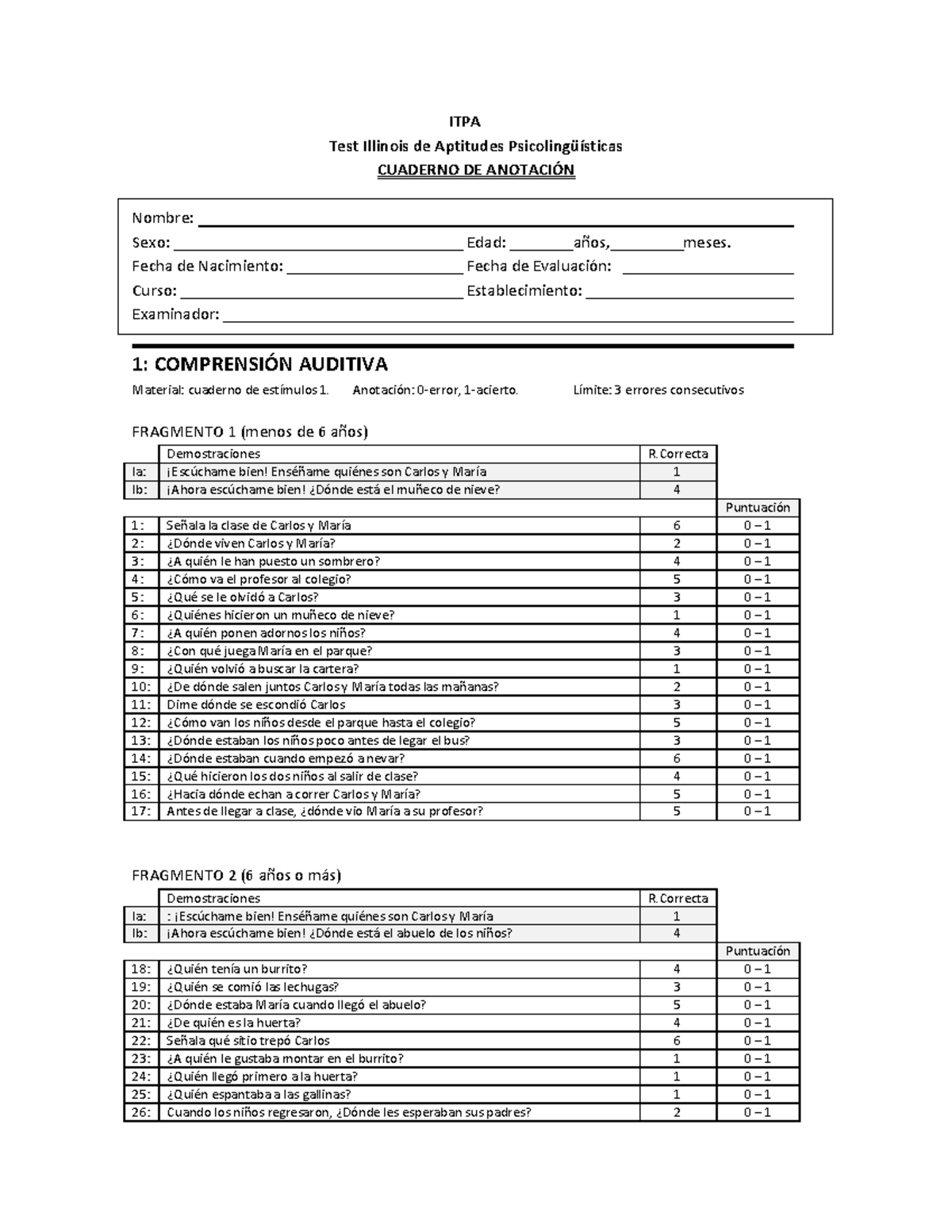 ITPA protocolo - PAUTA ITPA - ITPA Test Illinois de Aptitudes ...