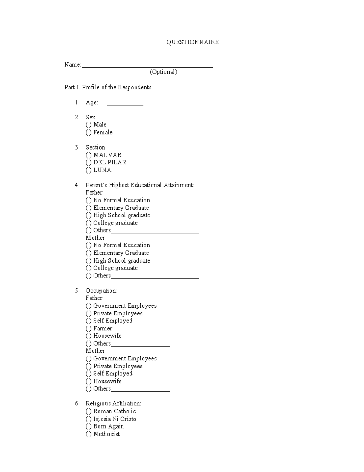 Questionaire - questionnaire for research - QUESTIONNAIRE - Studocu