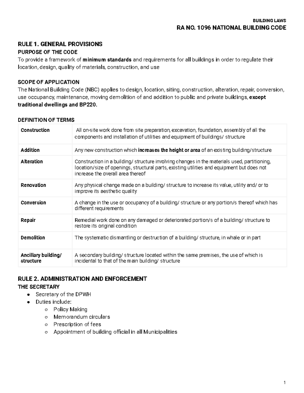 ARCH BLDG LAWS - bldg laws - RA NO. 1096 NATIONAL BUILDING CODE RULE 1 ...