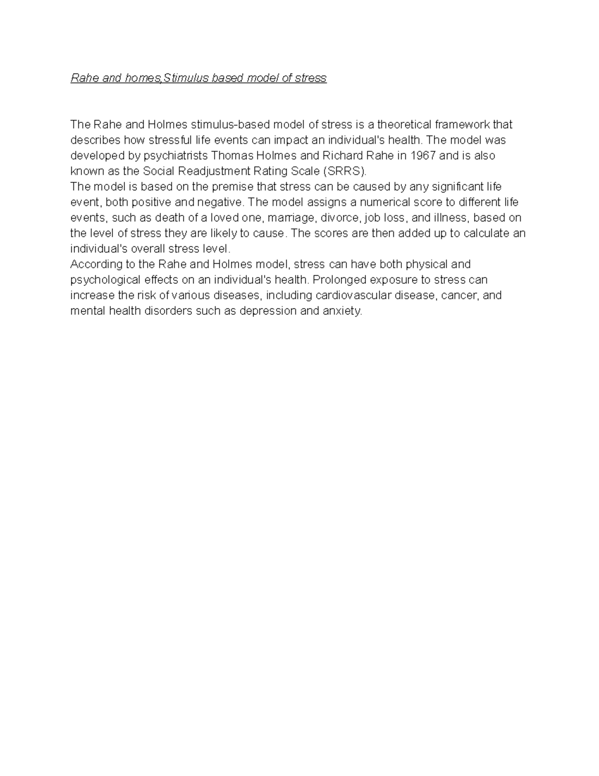 Rahe and homes - Rahe and homes,Stimulus based model of stress The Rahe ...