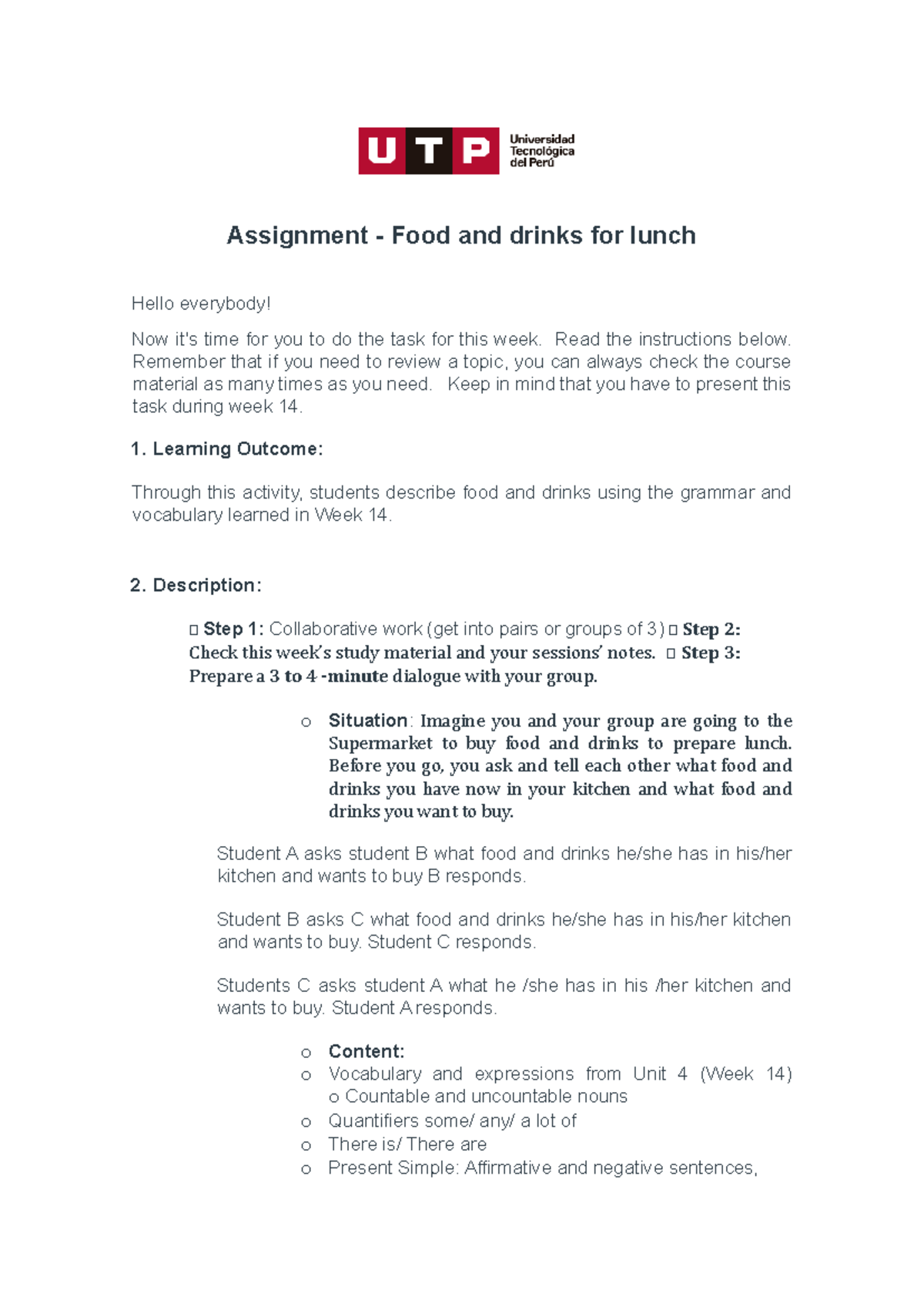 Week 14 - Task - Assignment - Food and drinks for lunch Oogczt ...