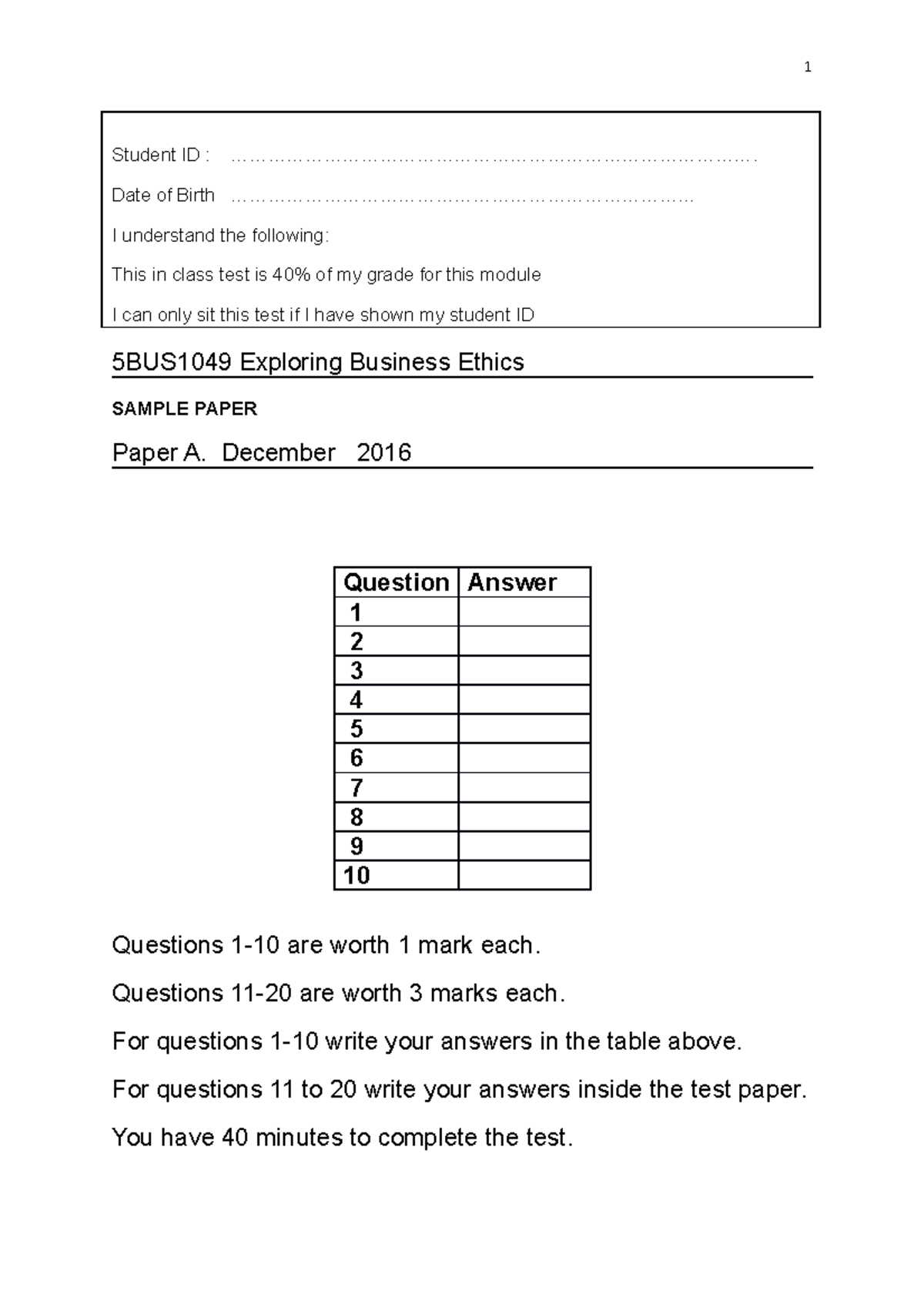 Sample of an in-class test - Student ID : - Studocu