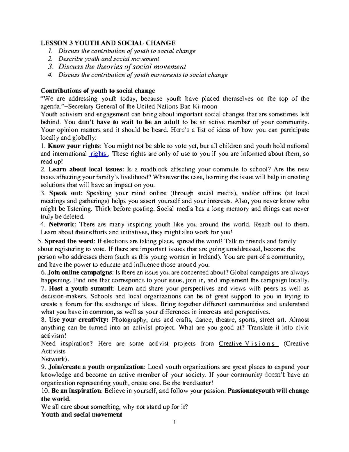 Lesson 3 Youth AND Social Change - LESSON 3 YOUTH AND SOCIAL CHANGE ...