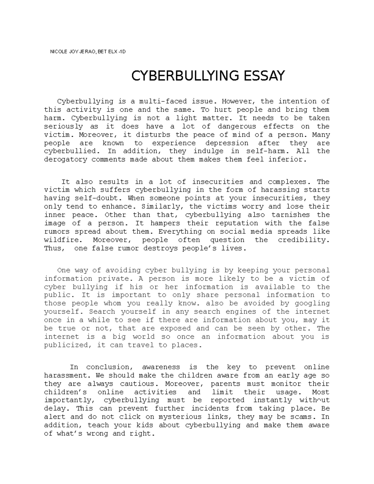 Cyberbullying Essay - .... - NICOLE JOY JERAO, BET ELX -1D ...