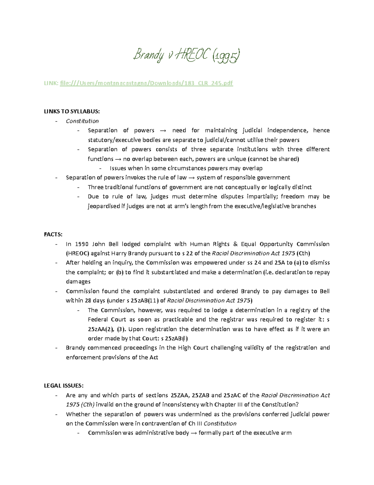 LLB1110 - Case Summary Brandy v Hreoc (1995) - Brandy v HREOC (1995 ...