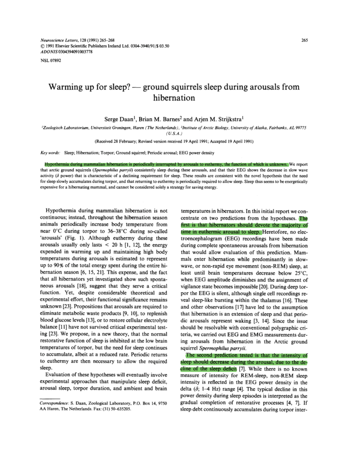 Paper 6 - Hibernation (Daan et al. 1991) - Neuroscience Letters, 128 ...