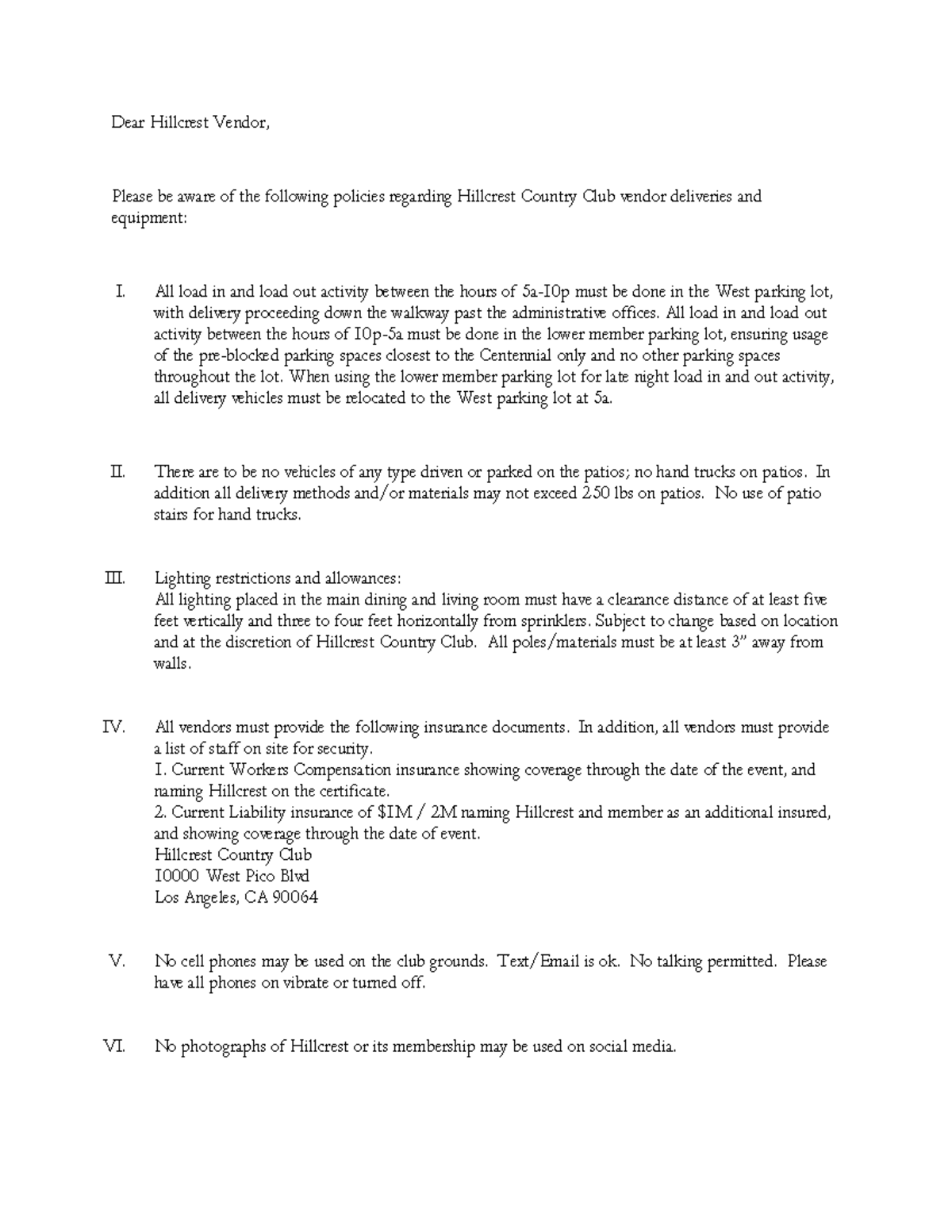 Vendor Delivery Information - Dear Hillcrest Vendor, Please be aware of ...