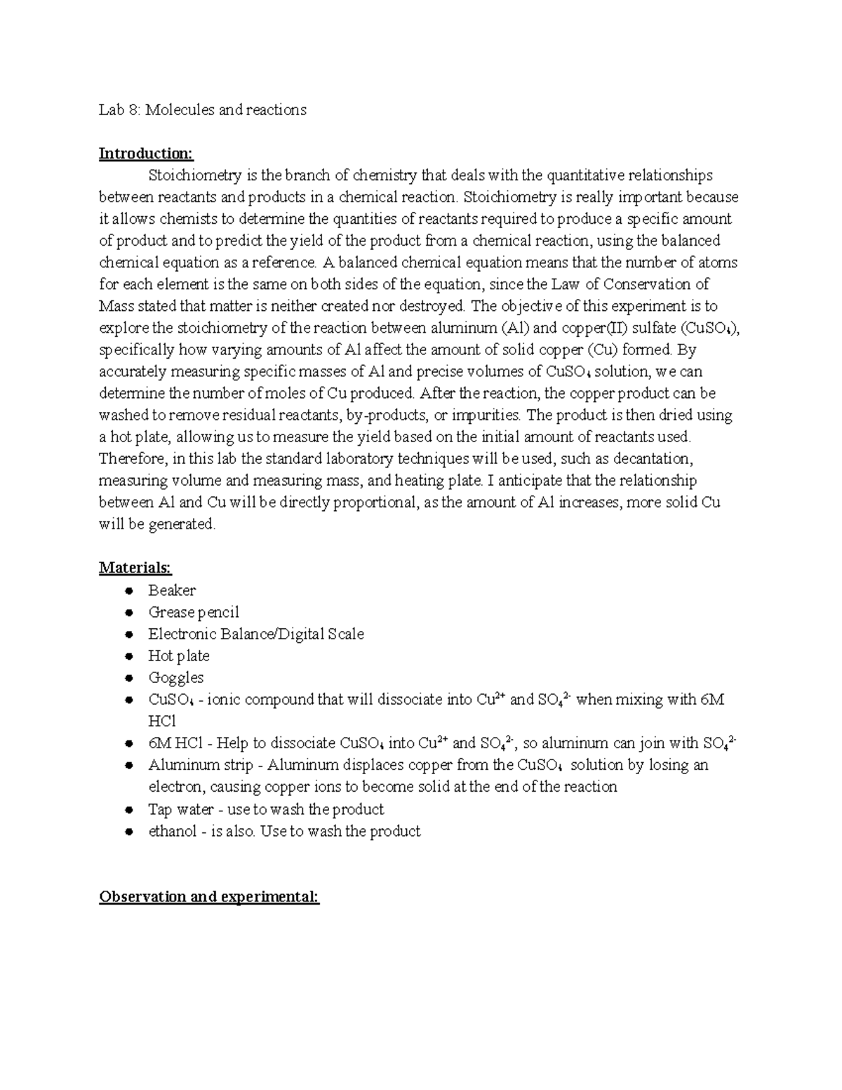 Chem 106 lab report 8 - !!! - Lab 8: Molecules and reactions ...