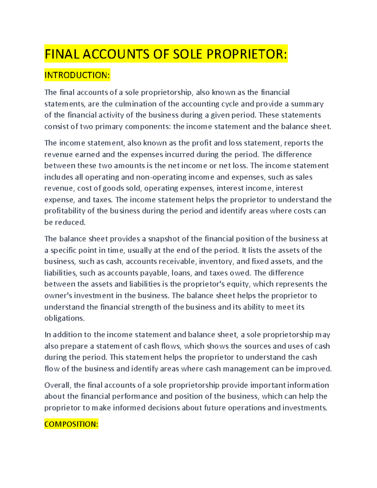 Final Accounts OF SOLE Proprietor - FINAL ACCOUNTS OF SOLE PROPRIETOR ...