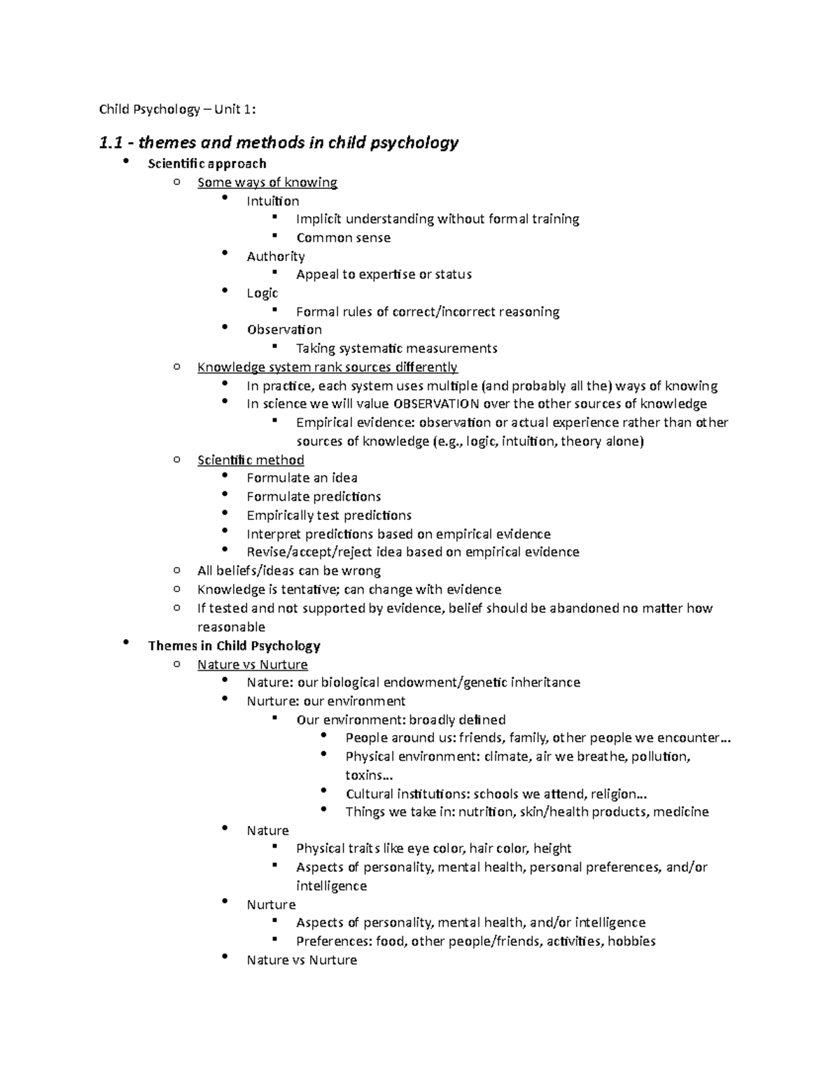 Unit 1 notes - Child Psychology – Unit 1: 1 - themes and methods in ...