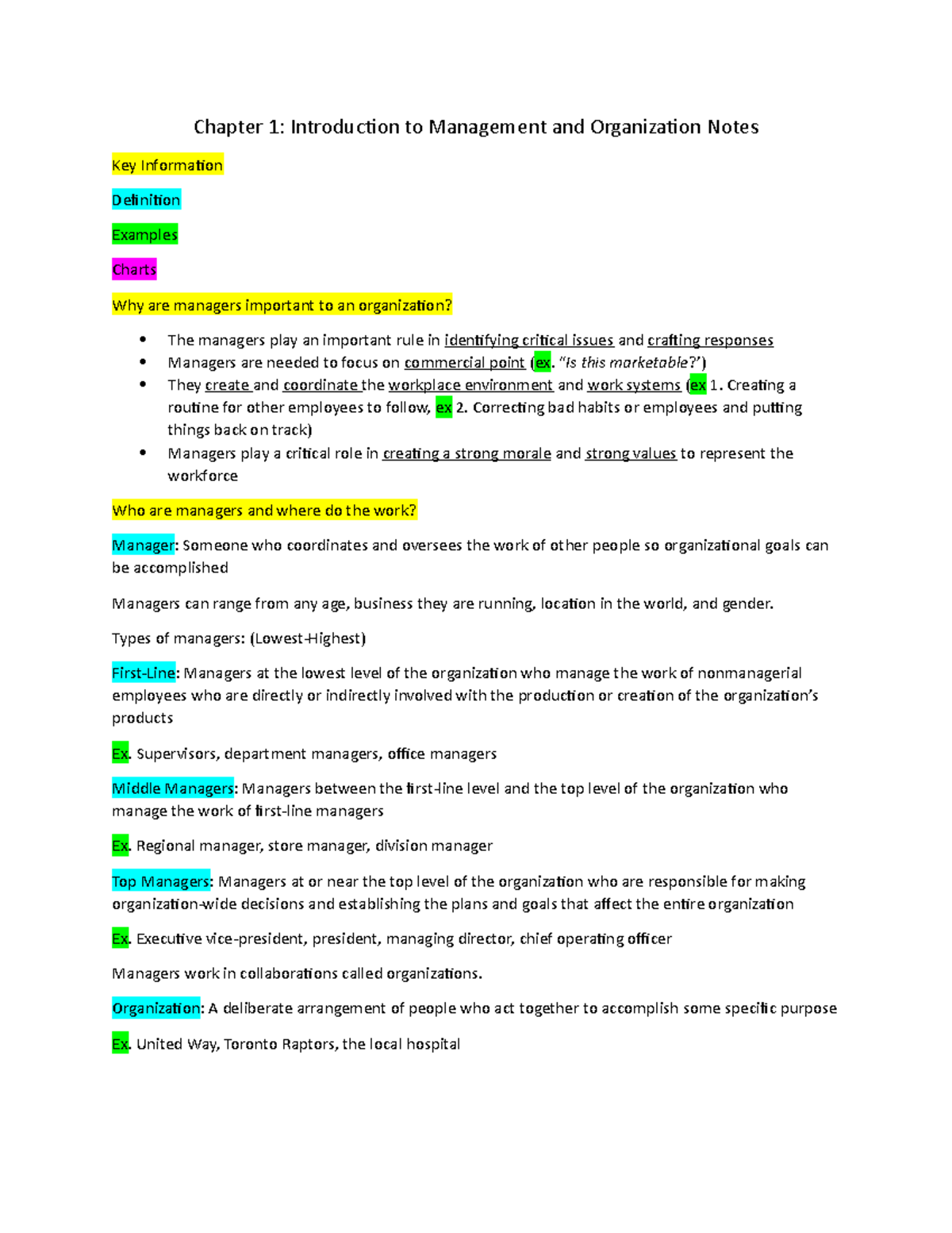 Chapter 1 Notes - Chapter 1: Introduction to Management and ...