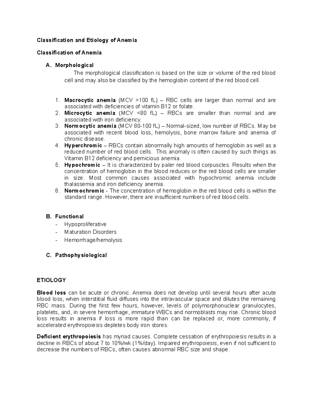 Classification and Etiology of Anemia - Classification and Etiology of ...