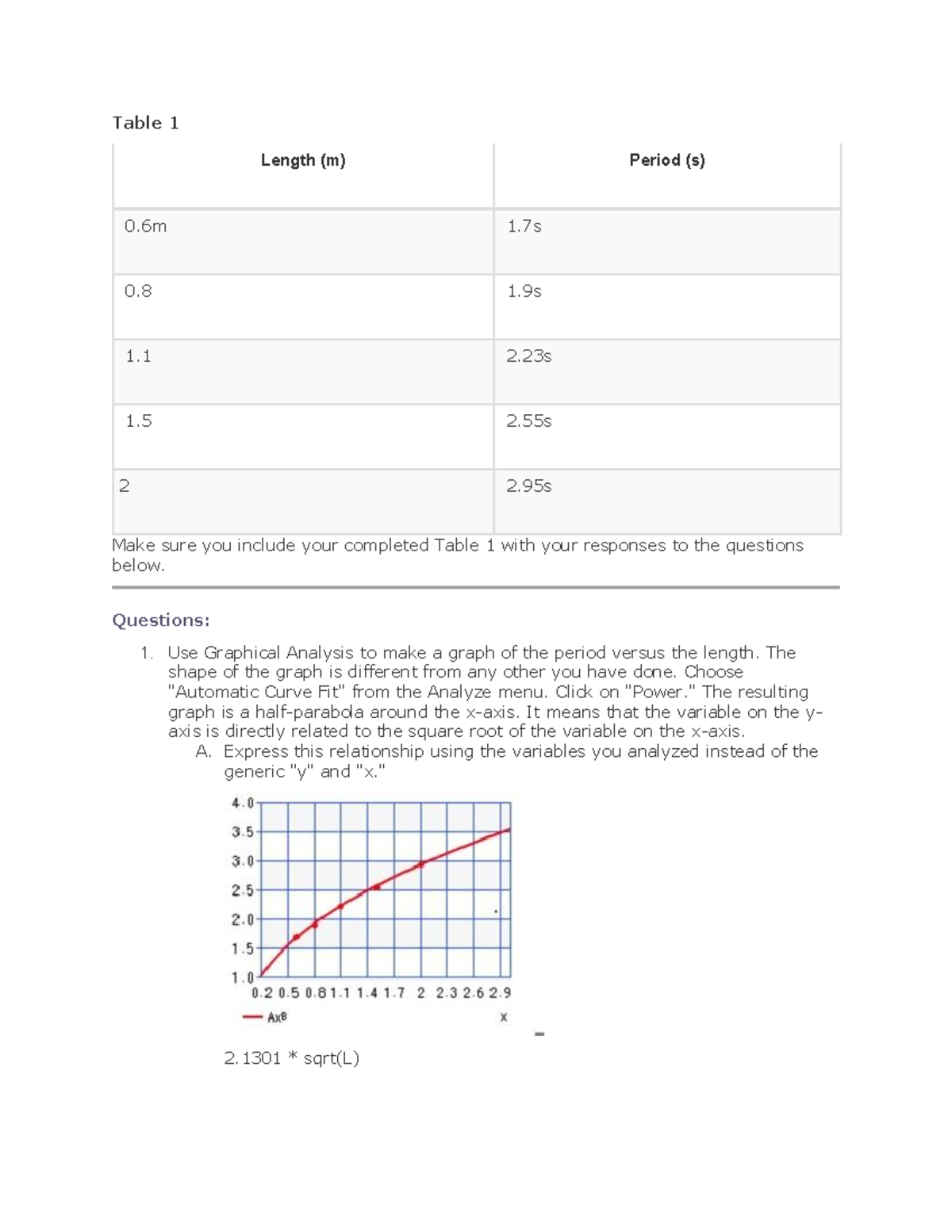 6.01 physics - Table 1 Length (m) Period (s) 0 1 0 1 1 2 1 2 2 2 Make ...