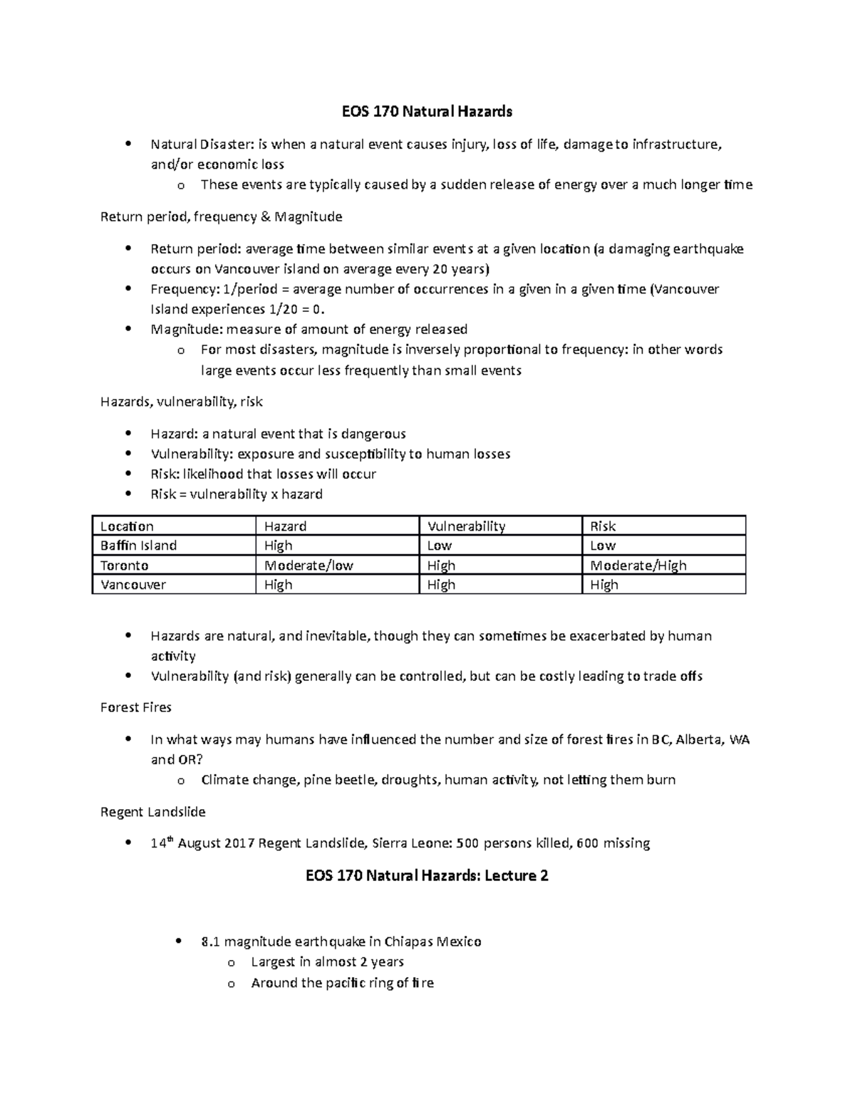 EOS 170 Natural Hazards notes - EOS 170 Natural Hazards Natural ...