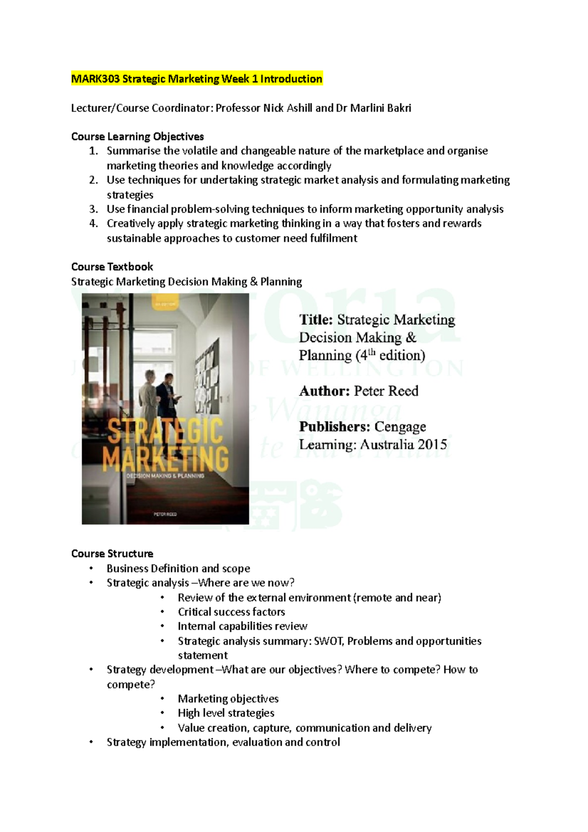 MARK303 Lectures - Notes - MARK303 Strategic Marketing Week 1 ...
