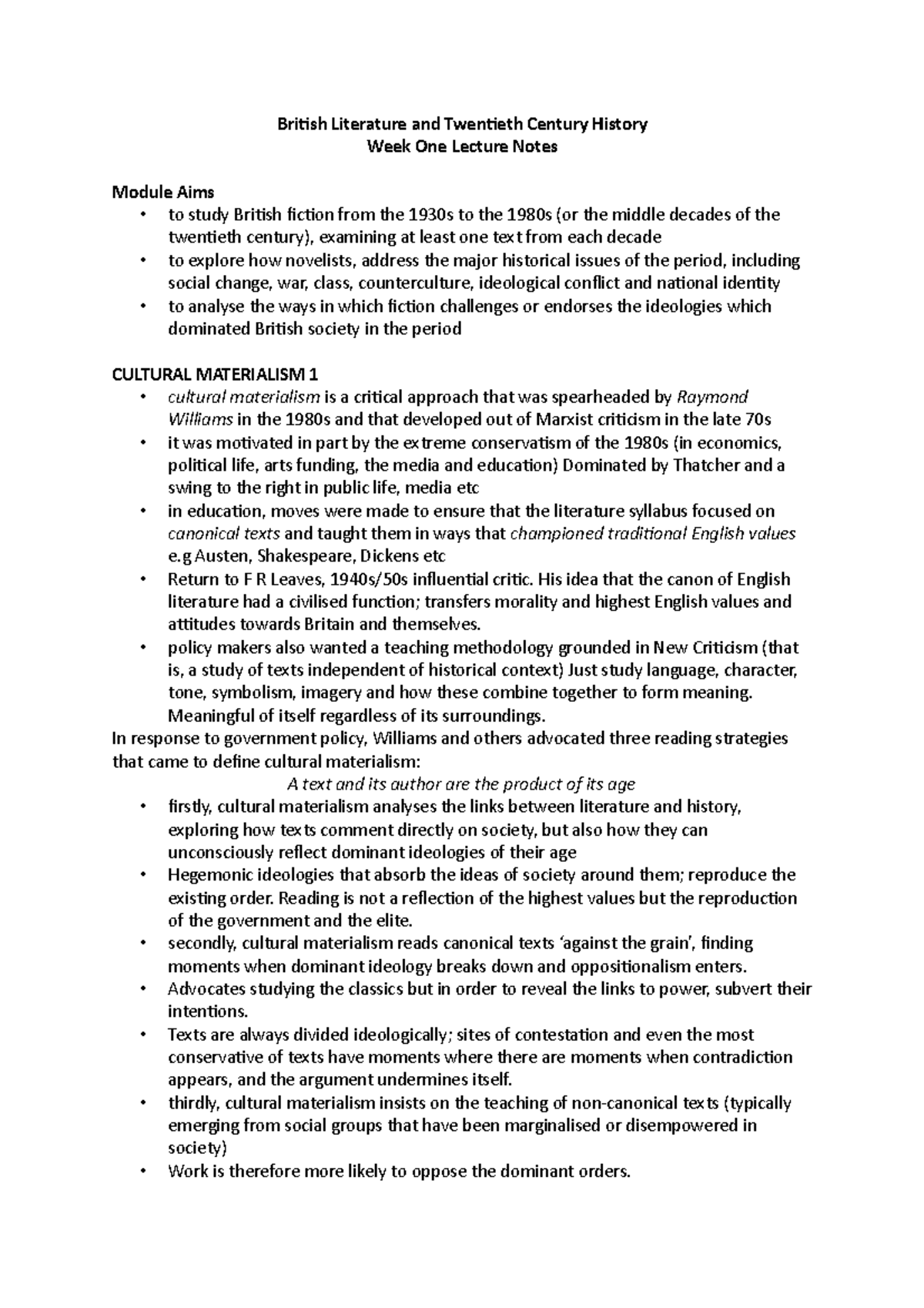 Week one notes - CULTURAL MATERIALISM, BRITISH FICTION 1930s-1980s ...