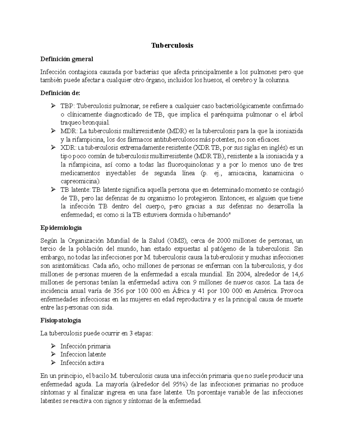Tuberculosis. (TBP) - Tuberculosis Definición general Infección ...