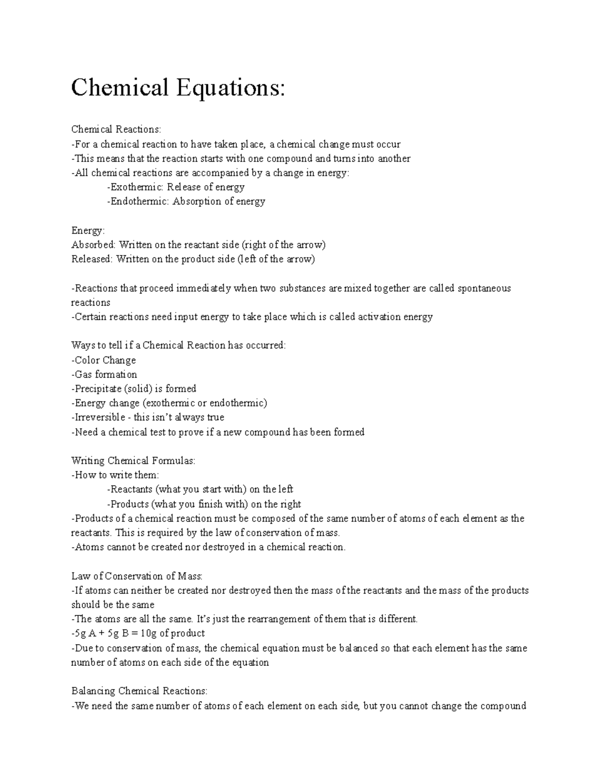 Chemistry Term 2 Test - Chemical Equations: Chemical Reactions: -For a ...