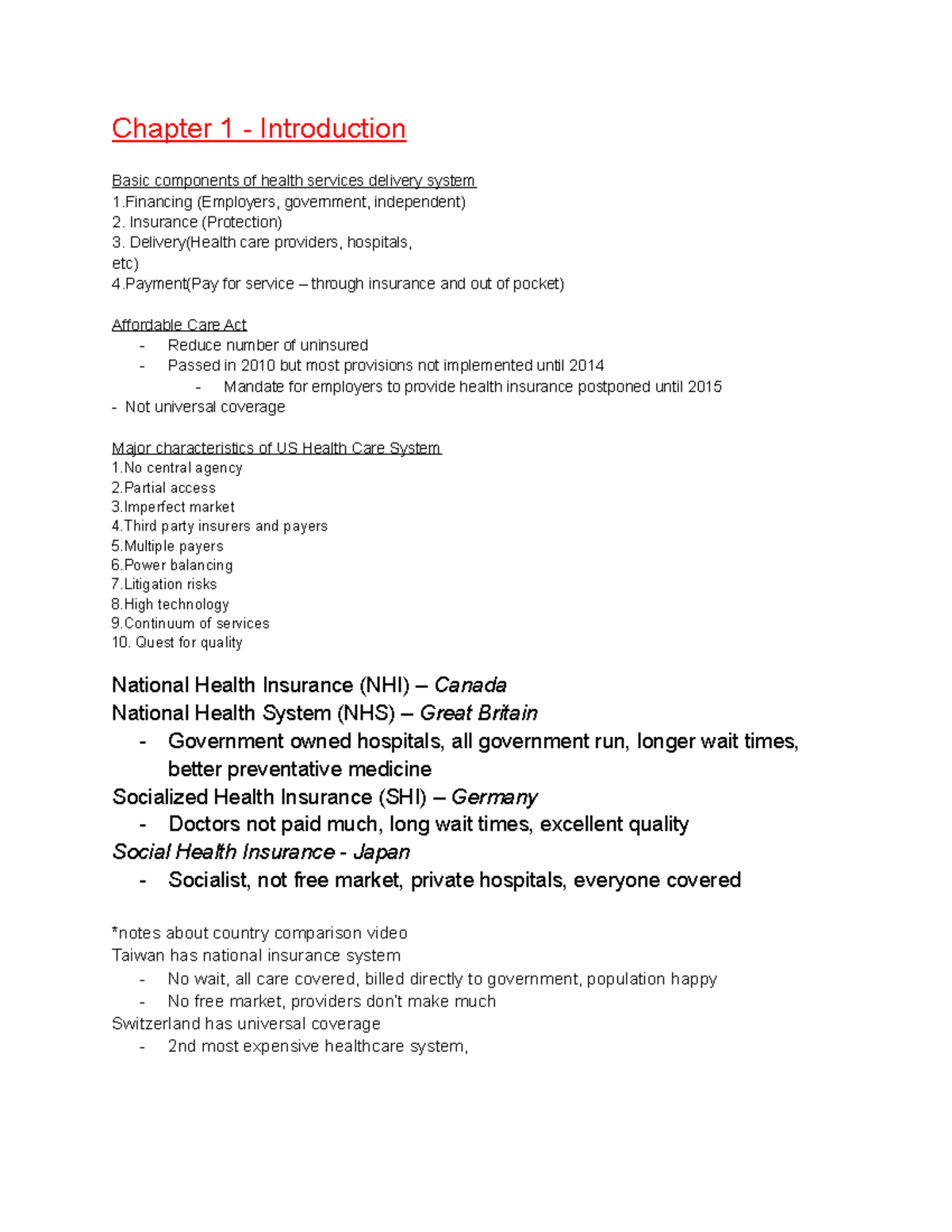 Healthcare Systems Test 1 study guide - Chapter 1 - Introduction Basic ...